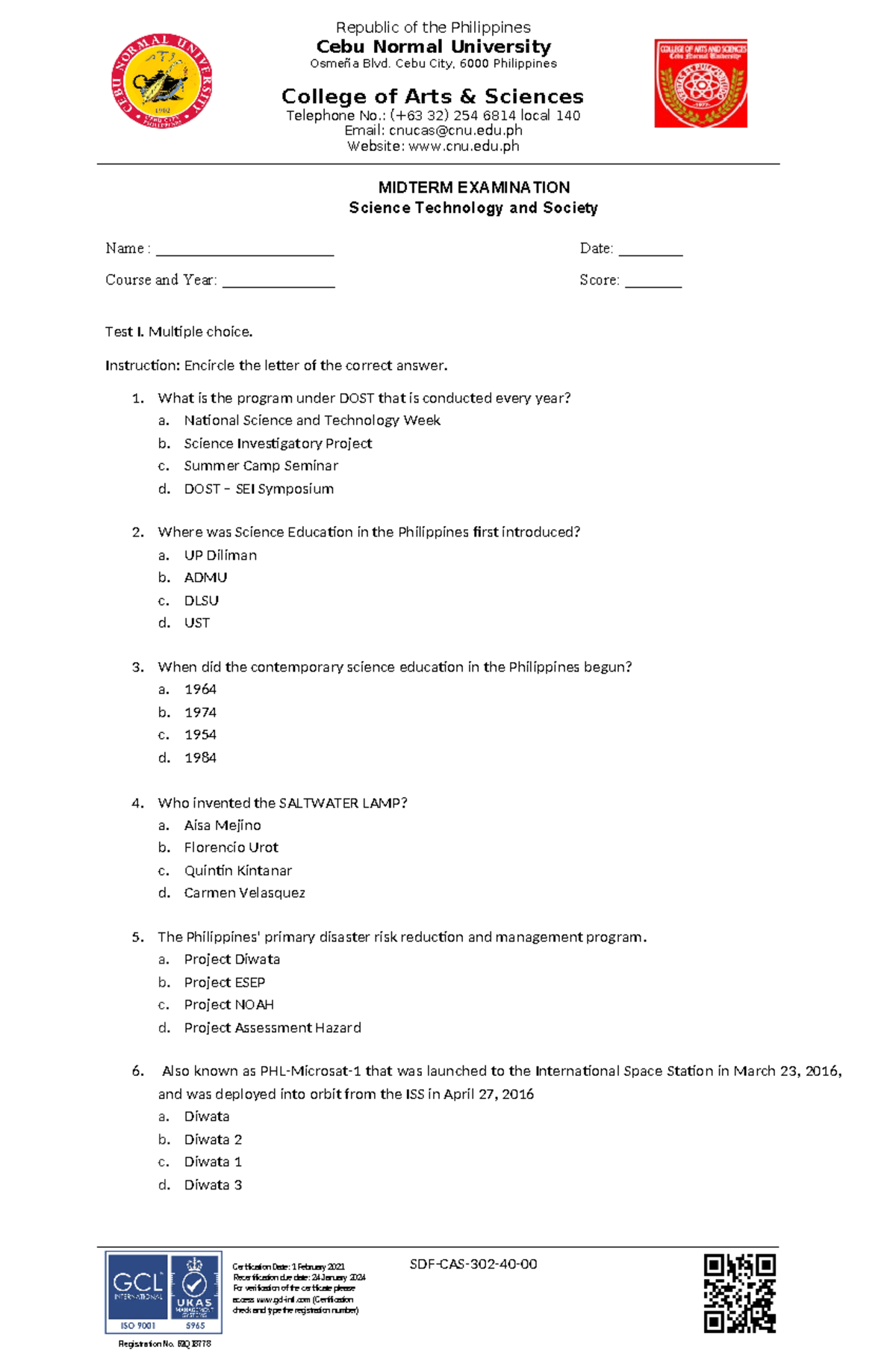 STS Midterm TEST Questionnaire - Cebu Normal University Osmeña Blvd ...