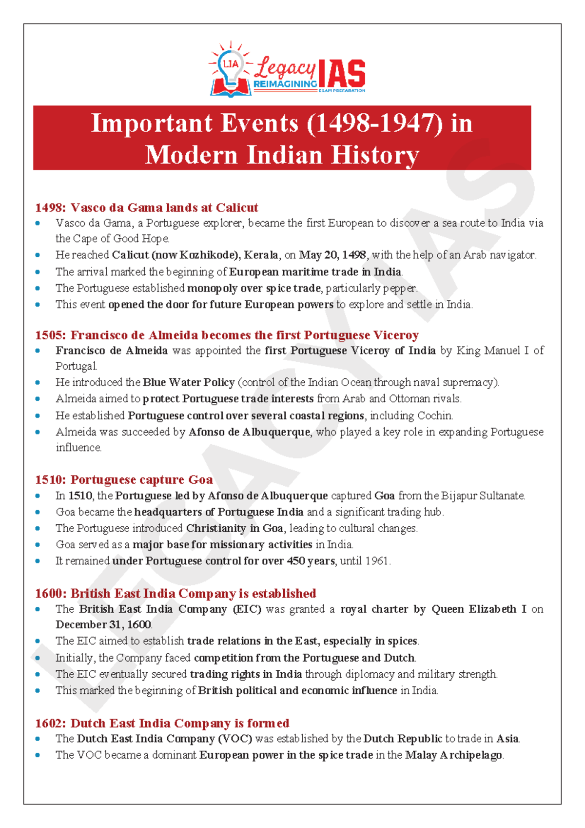 1498-1947: Key Events in Modern Indian History IA S - Studocu