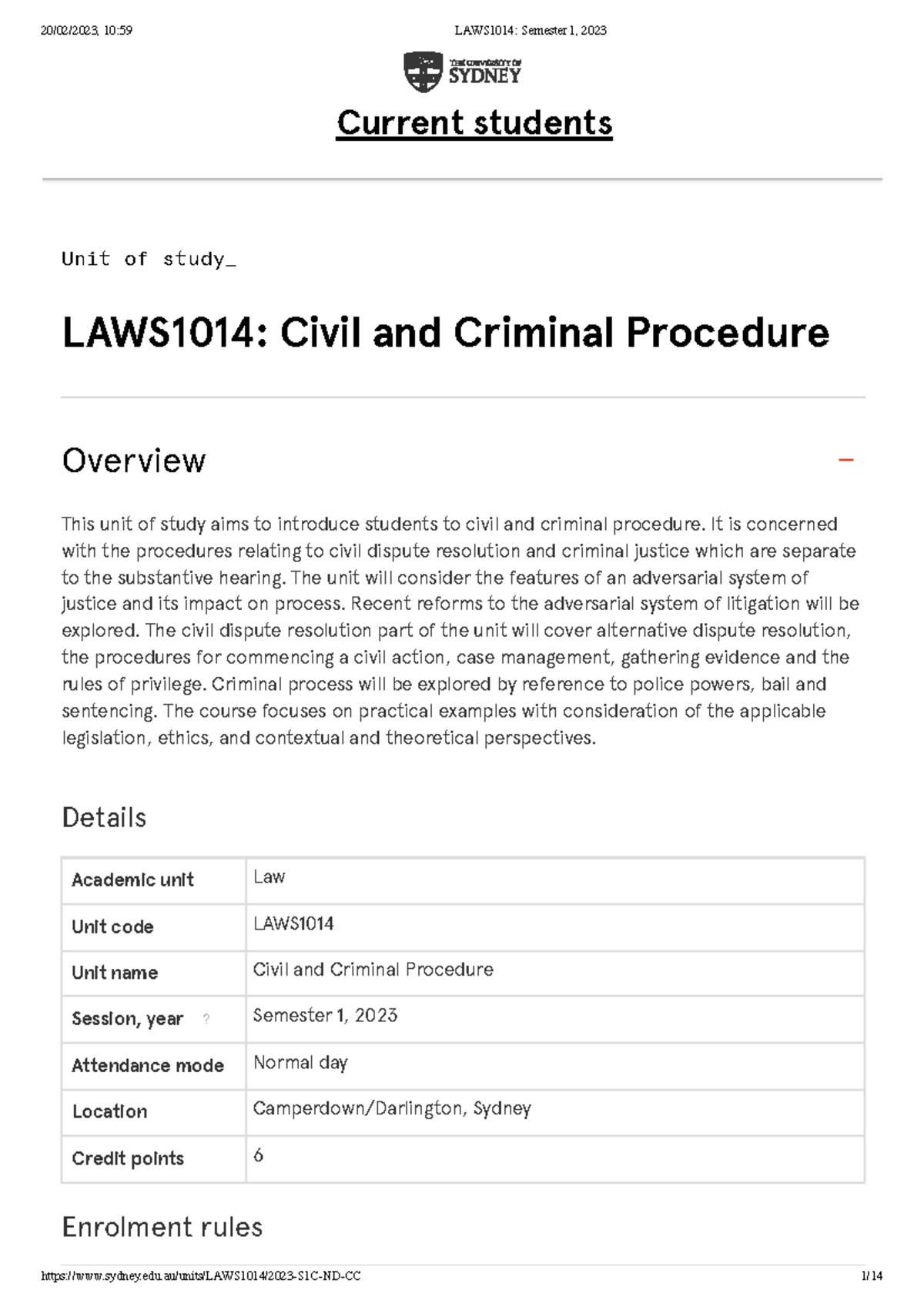 LAWS1014 Unit Outline - Unit of study_ LAWS1014: Civil and Criminal ...