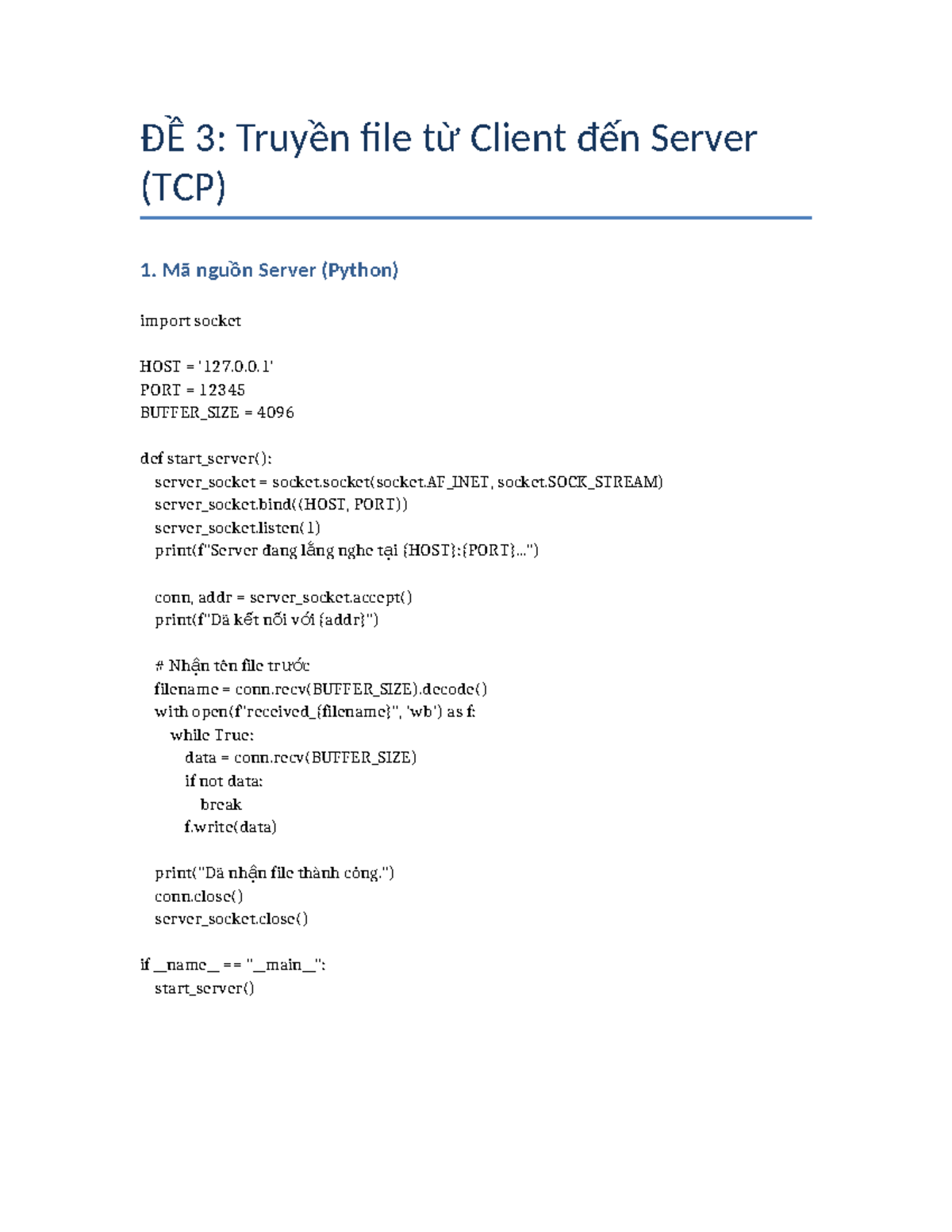 Đề 3: Truyền File từ Client đến Server (TCP) - Bài Tập - Studocu