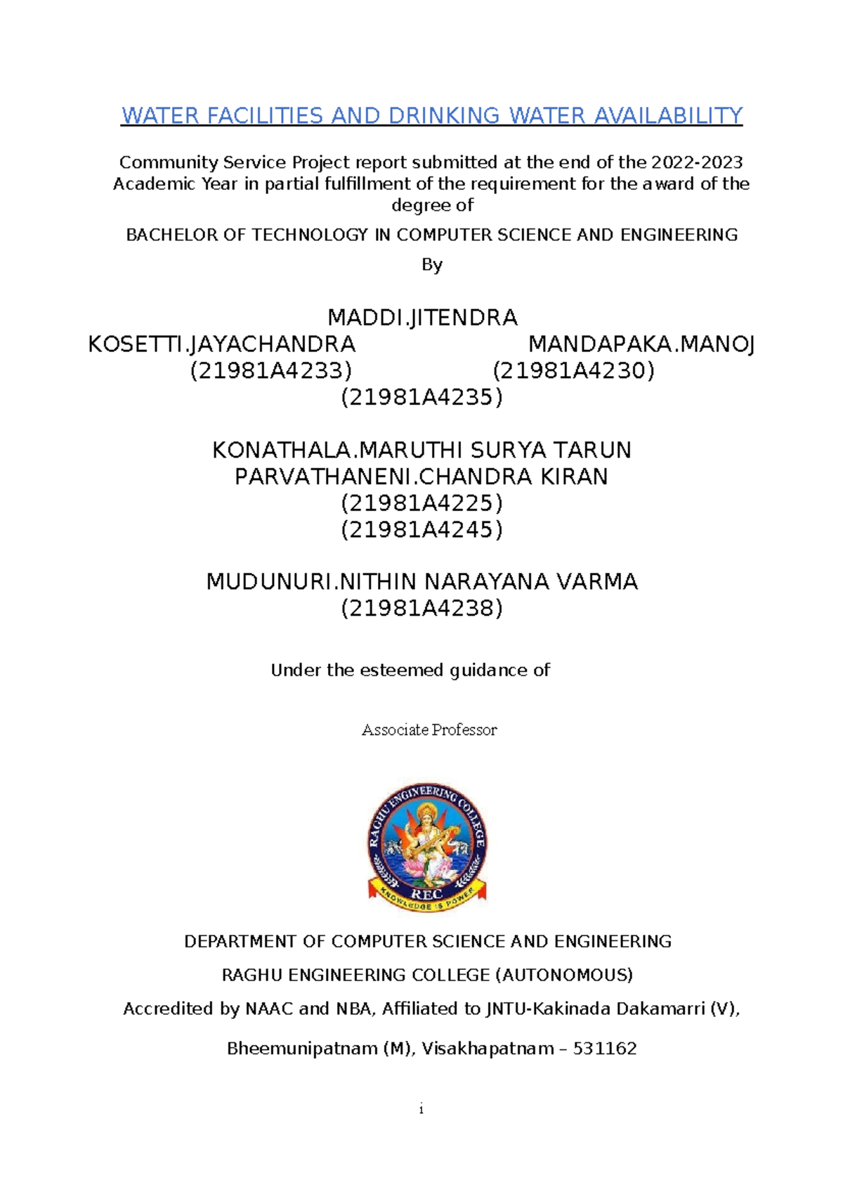 Water Facilities & Drinking Water Availability: Community Project ...