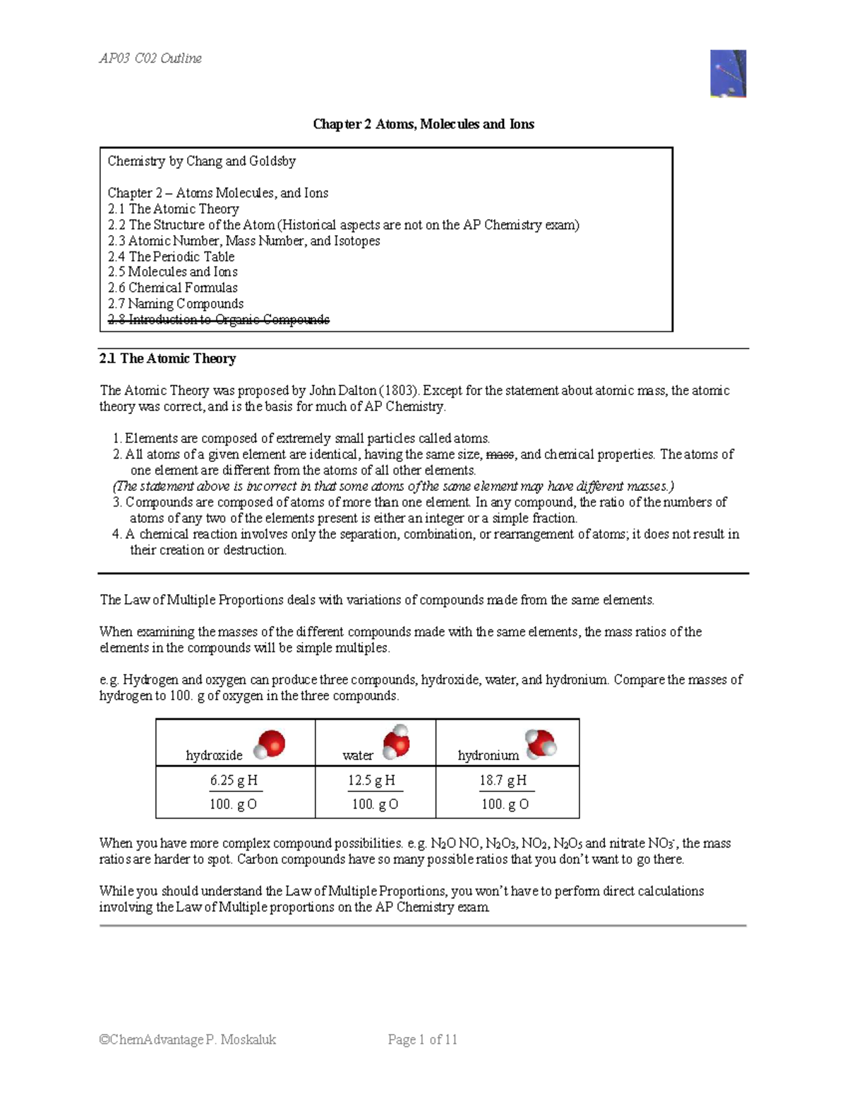 AP03 C02 Outline: Chapter 2 - Atoms, Molecules, and Ions in Chemistry ...