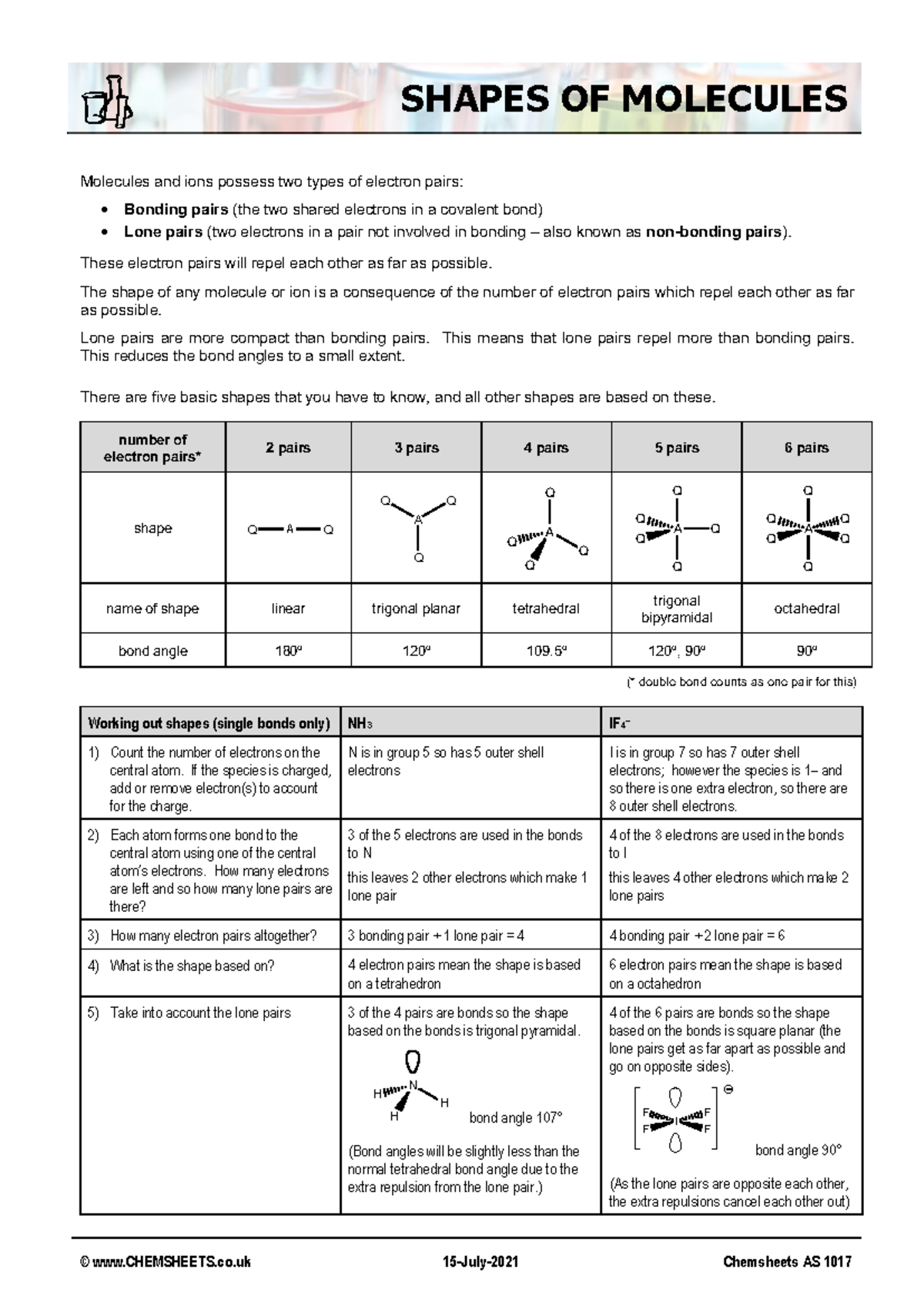 Chemsheets AS 1017 Shapes of molecules - Molecules and ions possess two ...