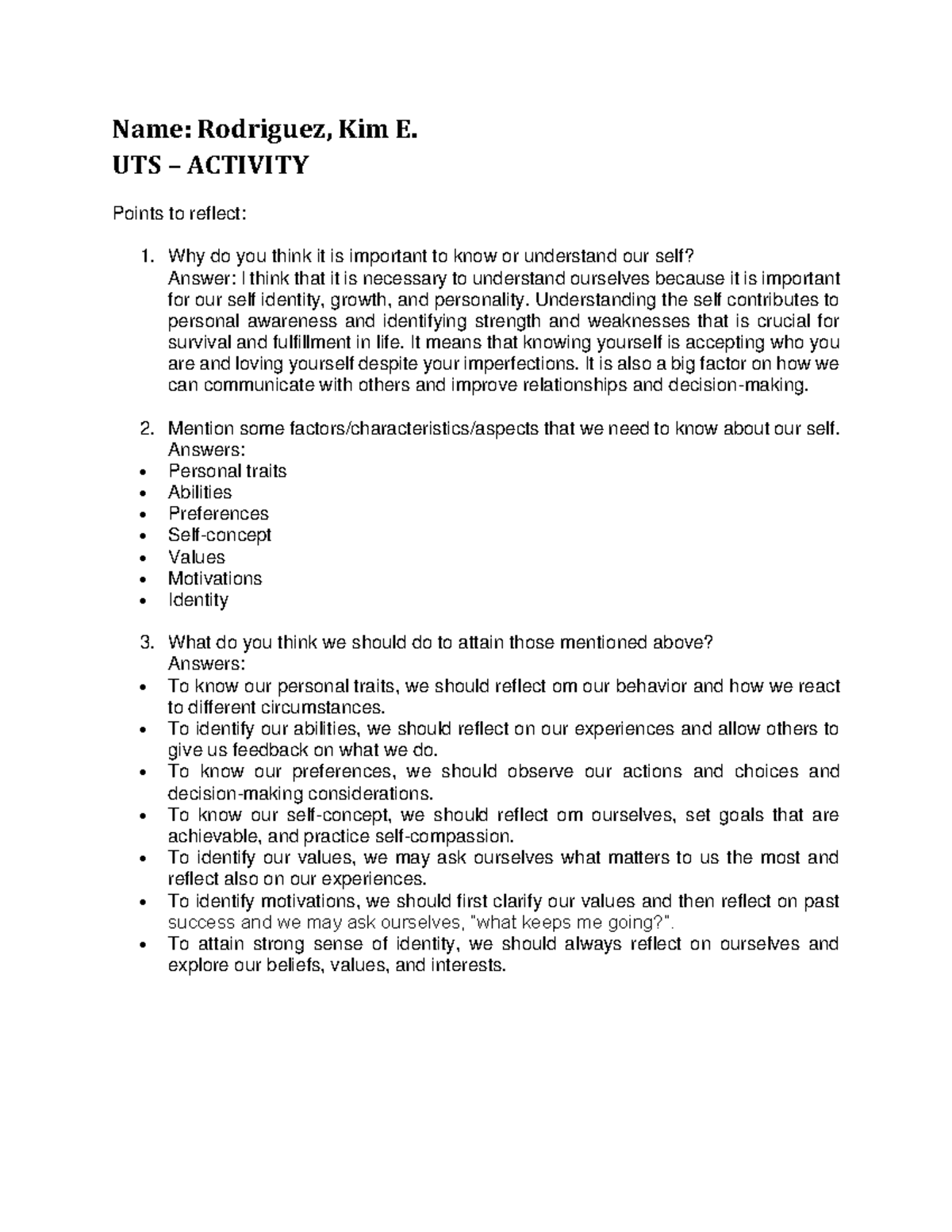 Rodriguez UTS-ACT - Importance of knowing oneself including the ...