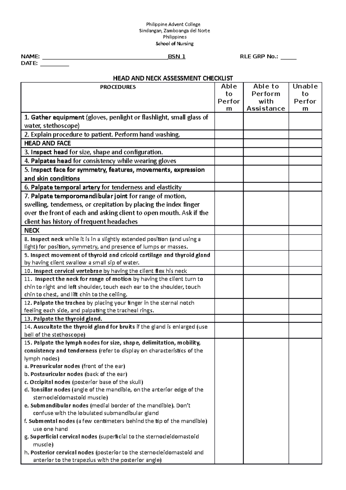 Head and neck-checklist - Philippine Advent College Sindangan ...