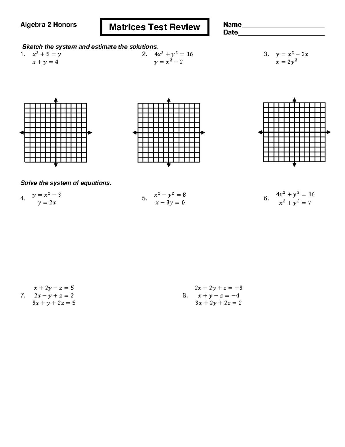 Matrices Test Review - hi there - Algebra 2 Honors Name ...