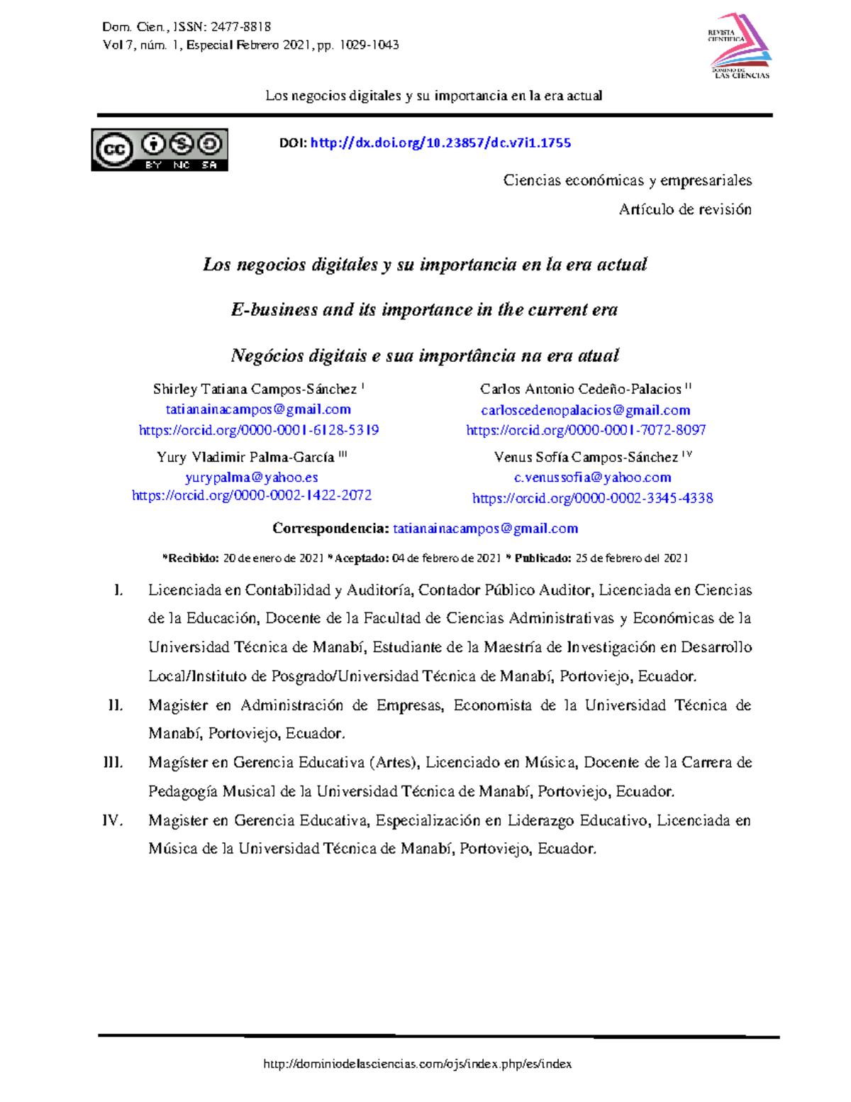 Los Negocios Digitales y su Importancia en la Era Actual - Dom. Cien. Vol 7, - Studocu