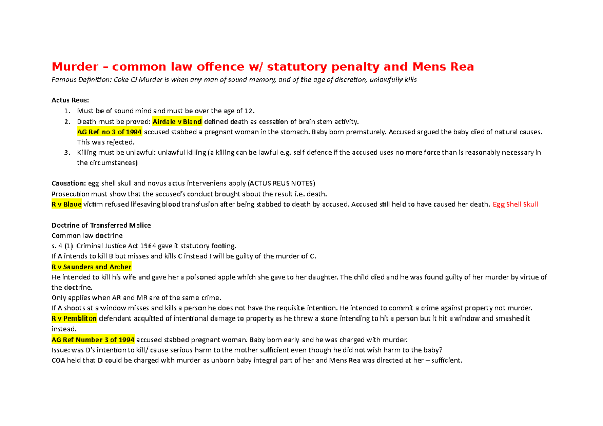 Criminal Law Murder Notes - Key Concepts and Cases (FE1) - Studocu