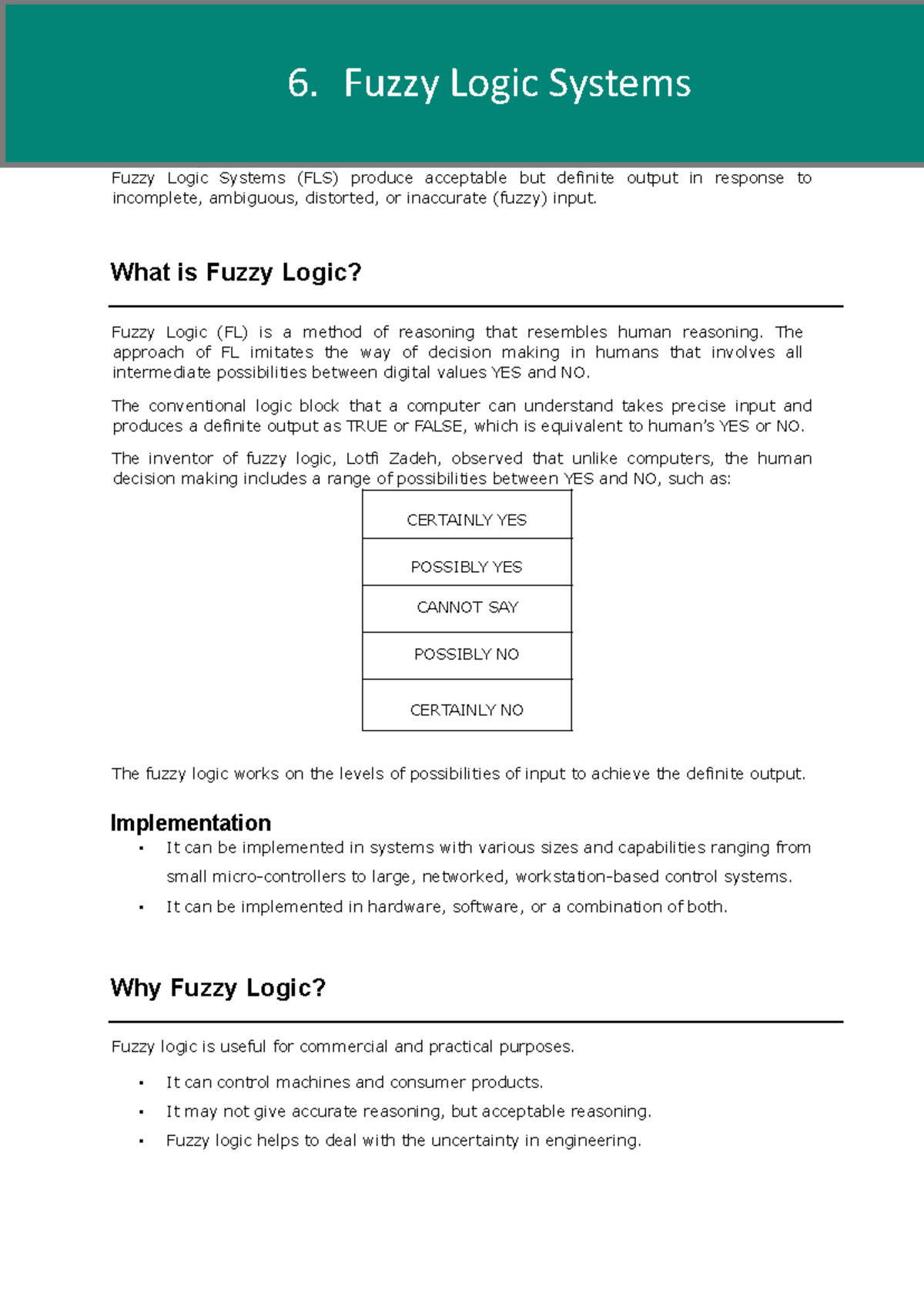 Lecture 6: Understanding Fuzzy Logic Systems in AI - Studocu