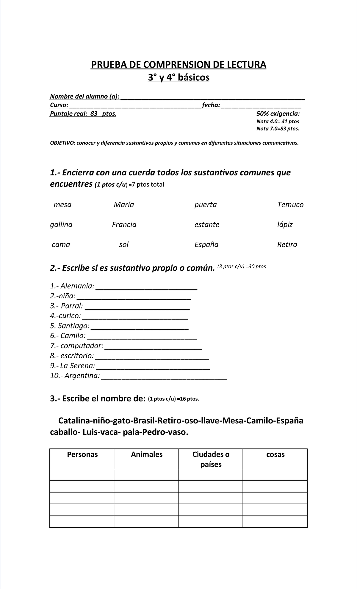 PRUEBA DE COMPRENSIÓN DE LECTURA: SUSTANTIVOS PROPIOS Y COMUNES - Studocu