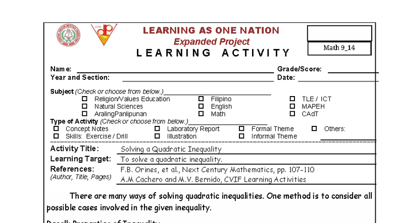 Math 9 LAS 14: Solving Quadratic Inequalities Explained - Studocu