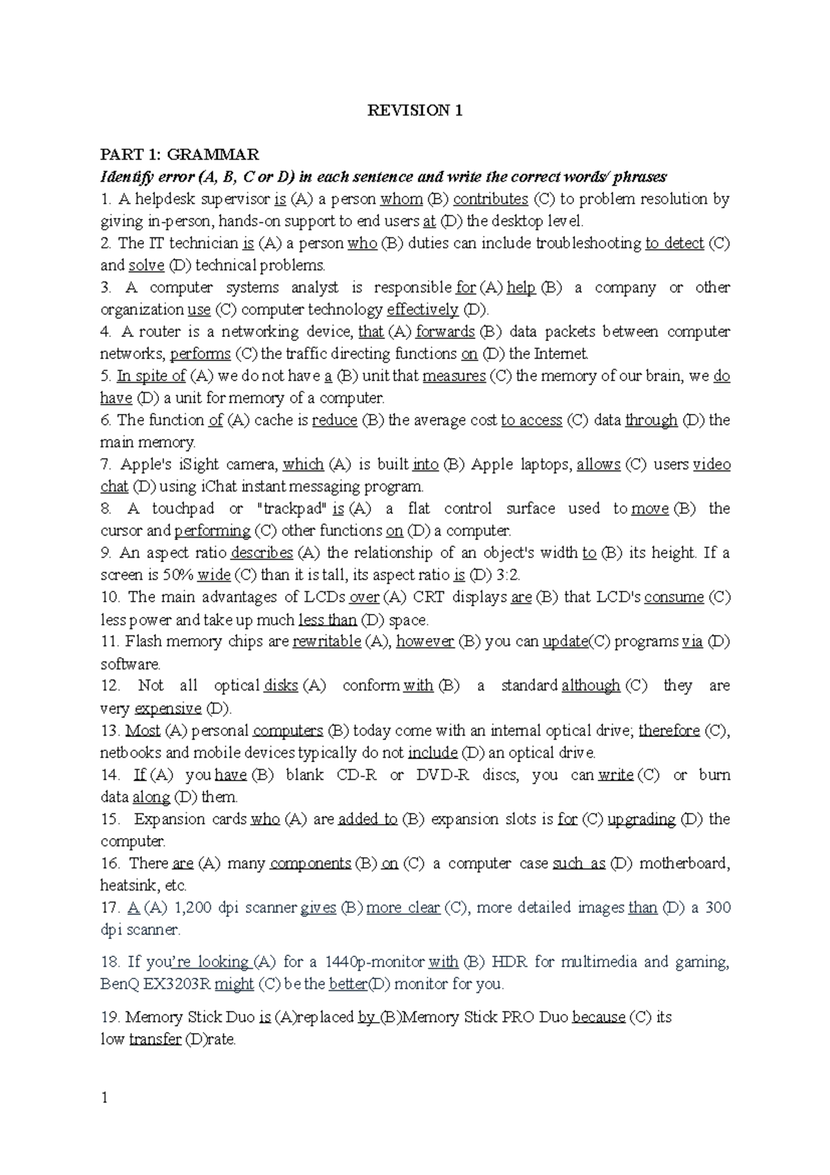 Revision 1 - Computer Grammar & Vocabulary Error Correction Notes - Studocu