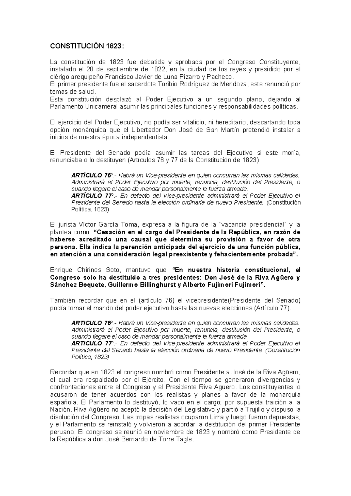 Estudio sobre las Constituciones de Perú: 1823, 1828, 1834 y 1856 - Studocu