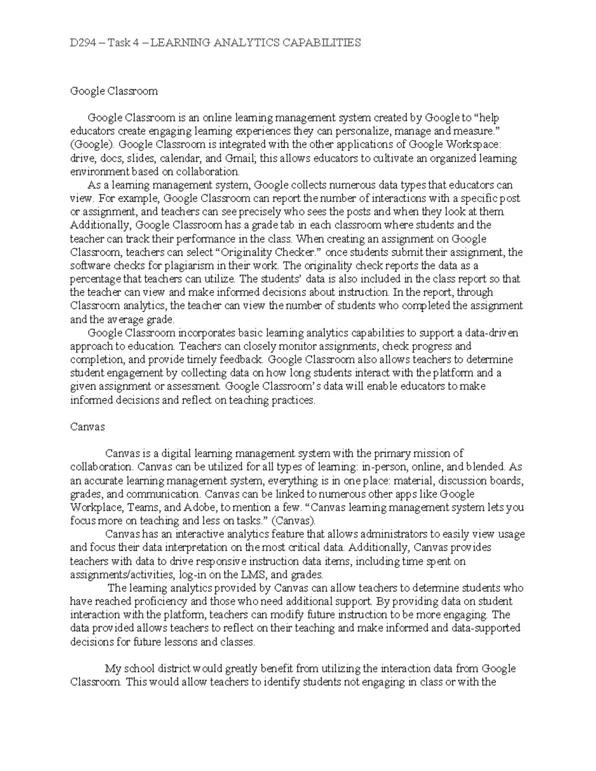 D294 - Task 4 - Analyzing Learning Analytics in Google Classroom ...