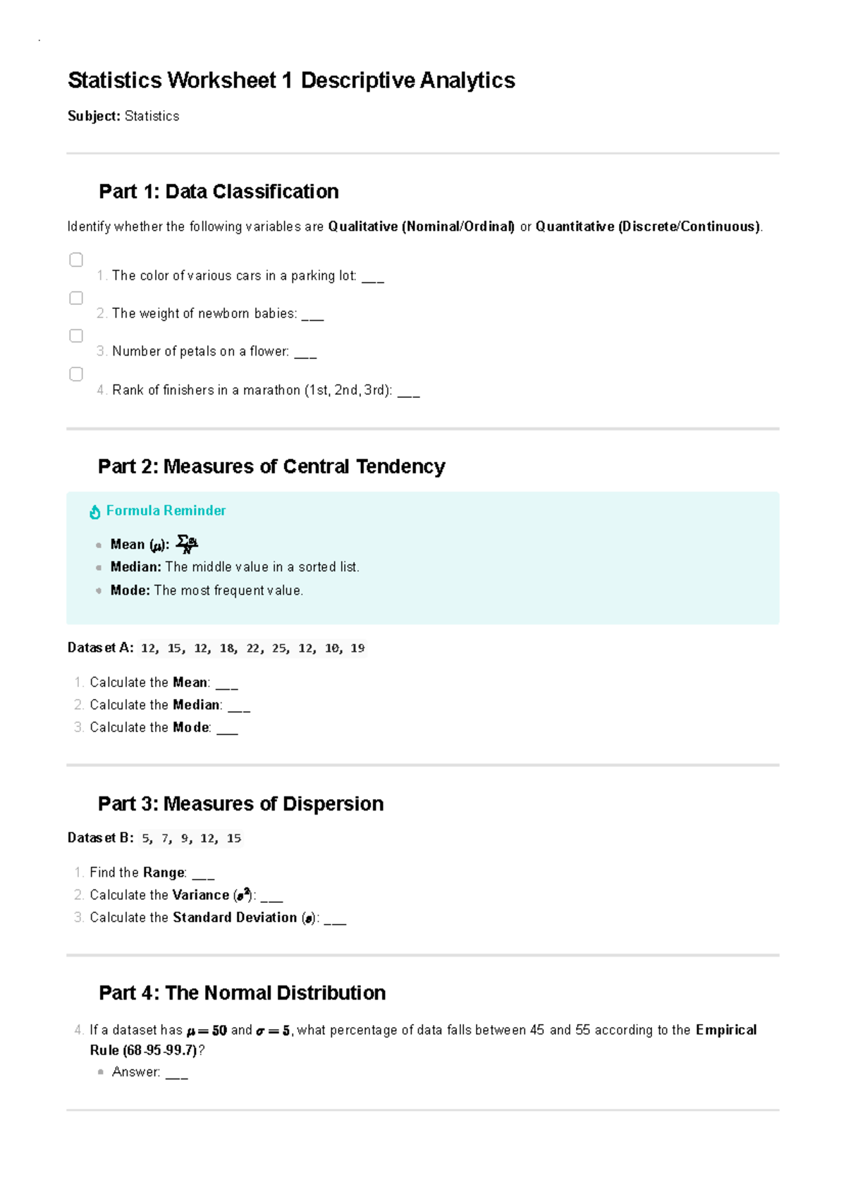 Statistics Worksheet 1: Descriptive Analytics & Data Classification ...