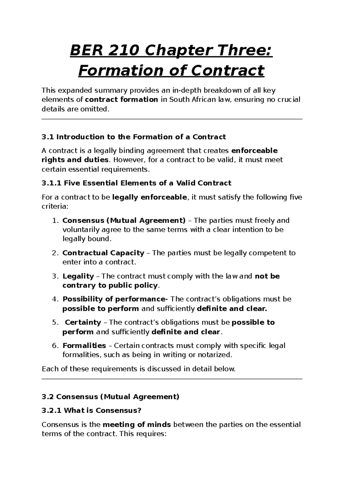 BER 210 Chapter 3: Key Elements of Contract Formation in SA Law - Studocu