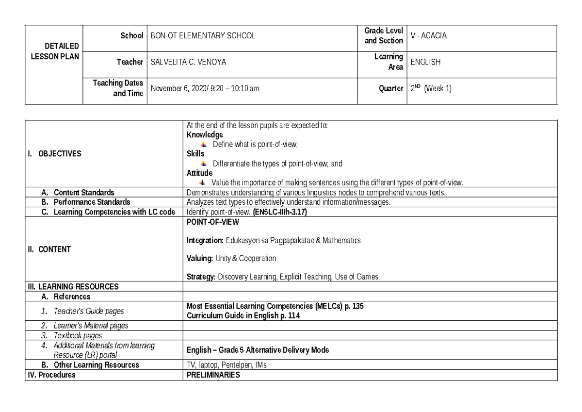 Detailed Lesson Plan: Point of View for CO 2 English - Grade 5 - Studocu