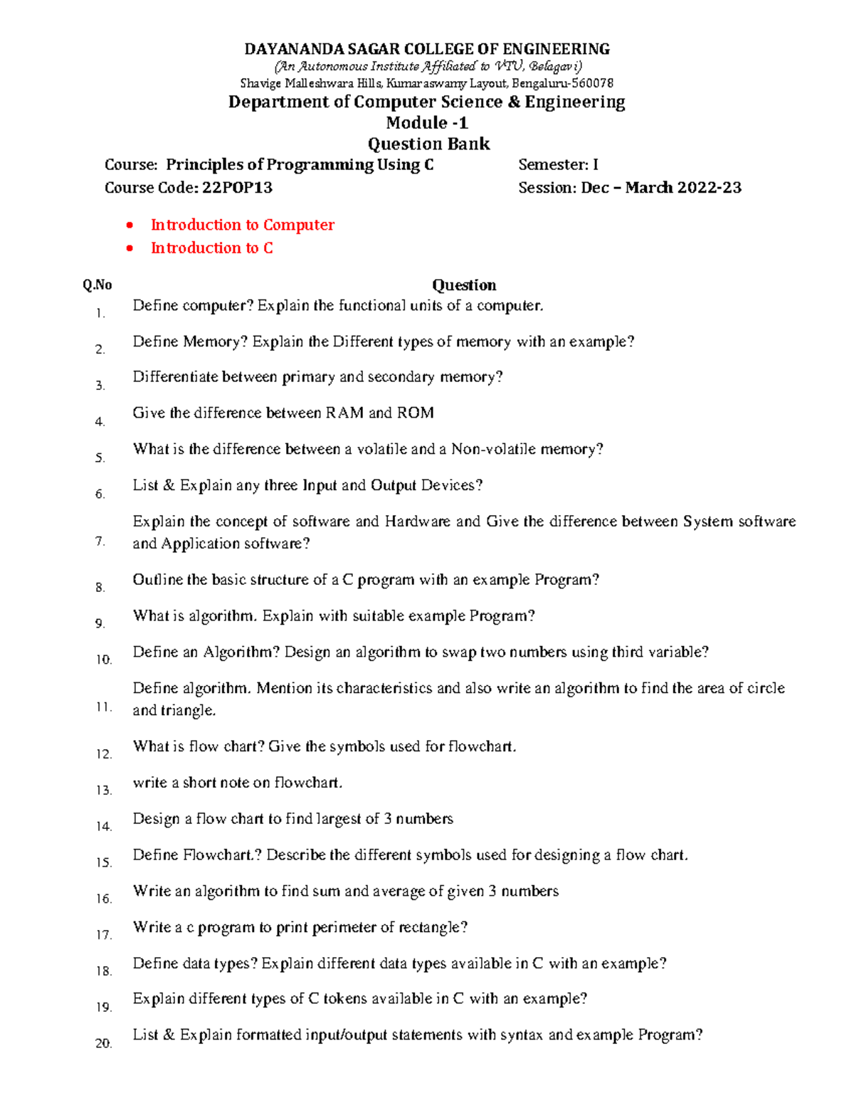 CSE 22POP13 Question Bank for Principles of Programming Using C - Studocu