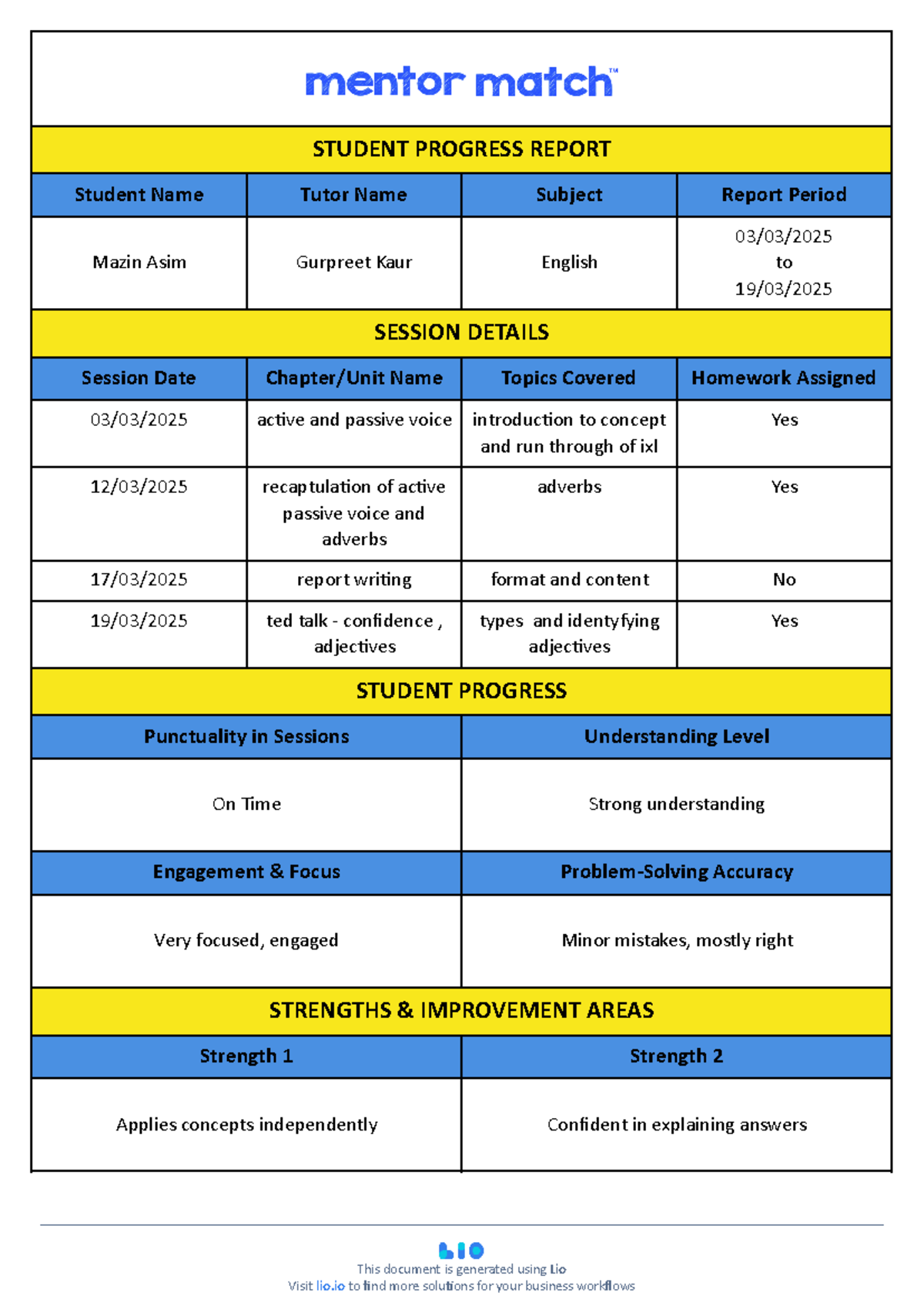 Mazin's report card - good - STUDENT PROGRESS REPORT Student Name Tutor ...