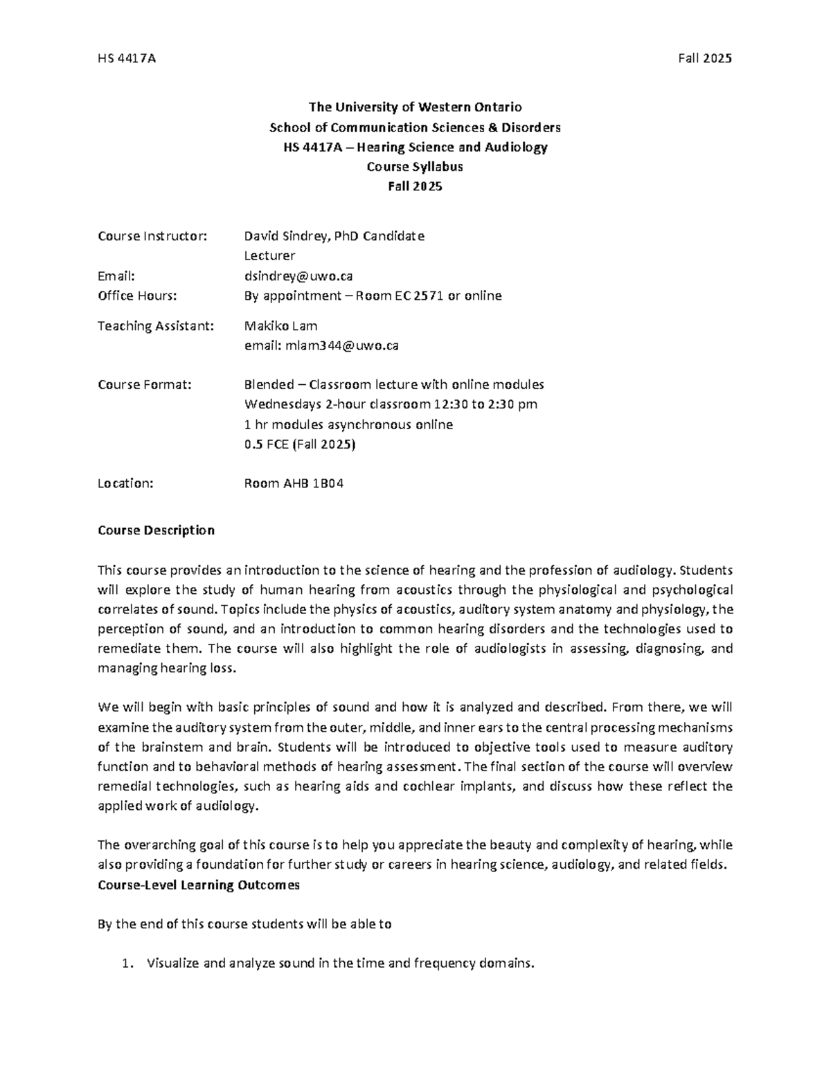 HS 4417A Hearing Science and Audiology Syllabus - Fall 2025 - Studocu