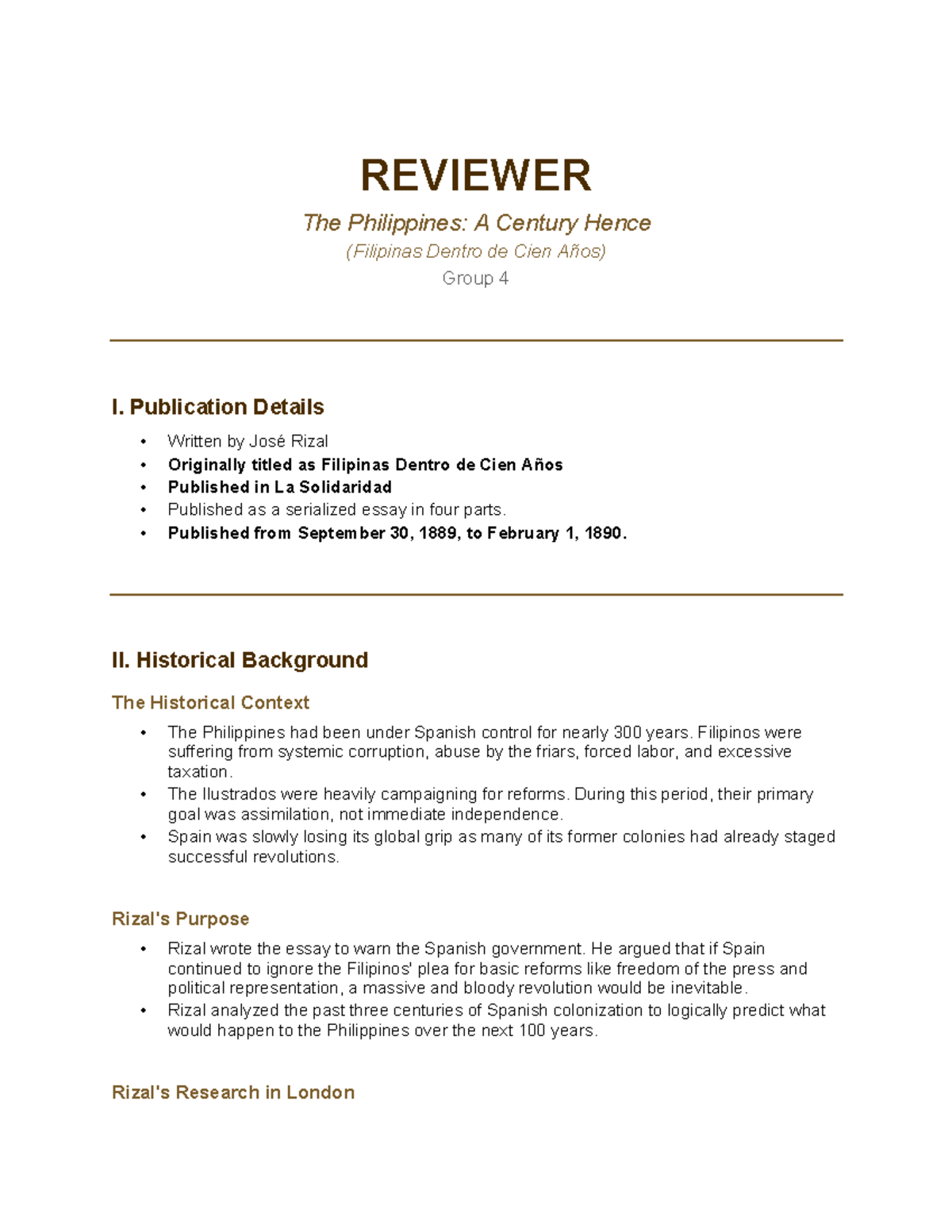 G4 REVIEWER: José Rizal's "The Philippines: A Century Hence" Analysis ...