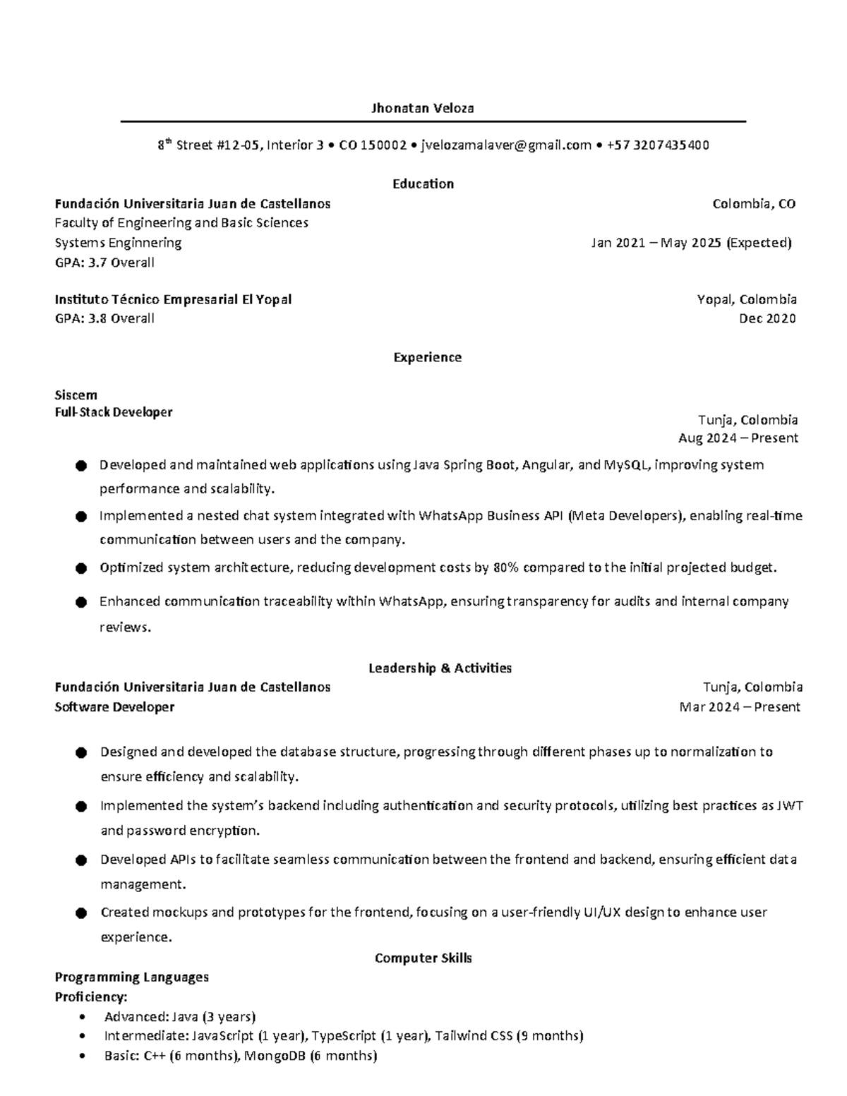 MCS Resume Template (Bullet Points) - Jhonatan Veloza 8 th Street #12 ...