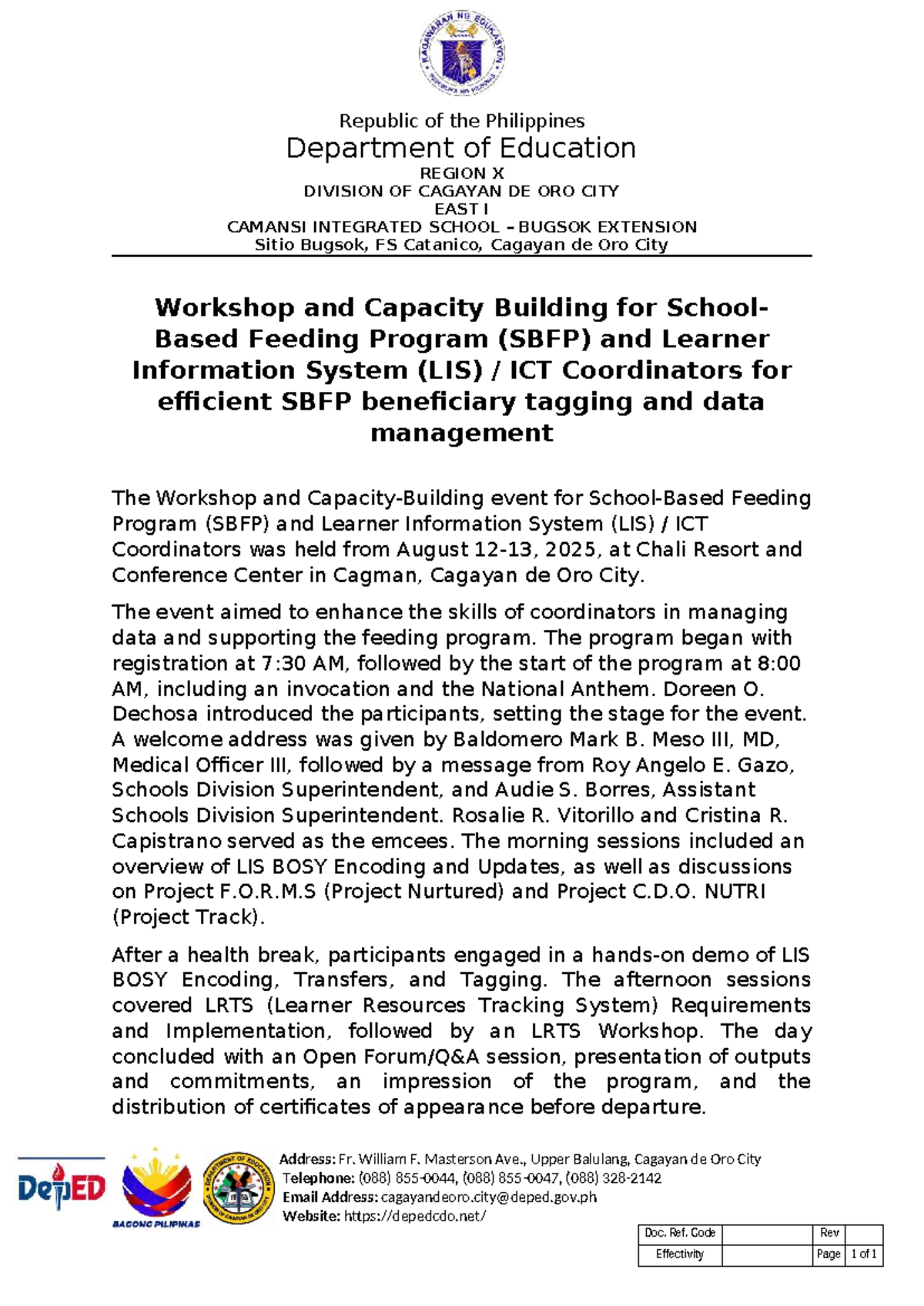 SBFP Workshop & Capacity Building for LIS Coordinators - Studocu