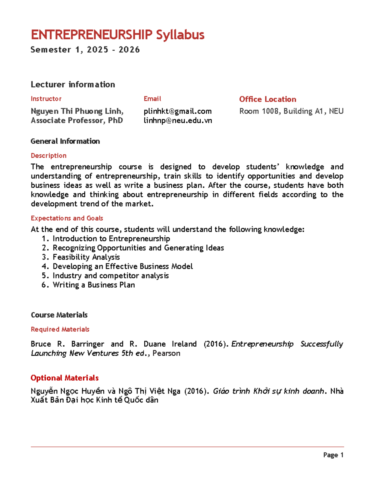 Syllabus for Entrepreneurship Course (ENT 101) - Semester 1, 2025-2026 ...