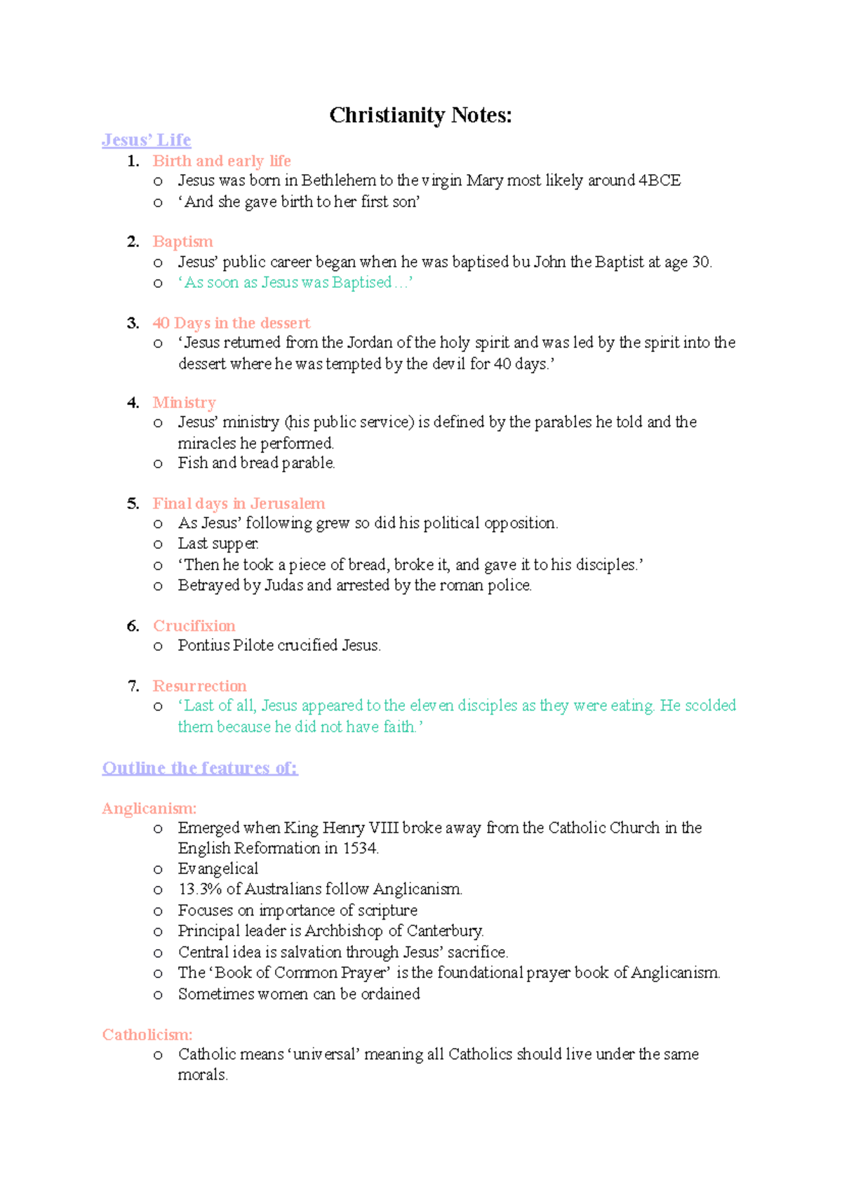 Christianity Study Notes: Overview of Jesus and Denominations - Studeersnel