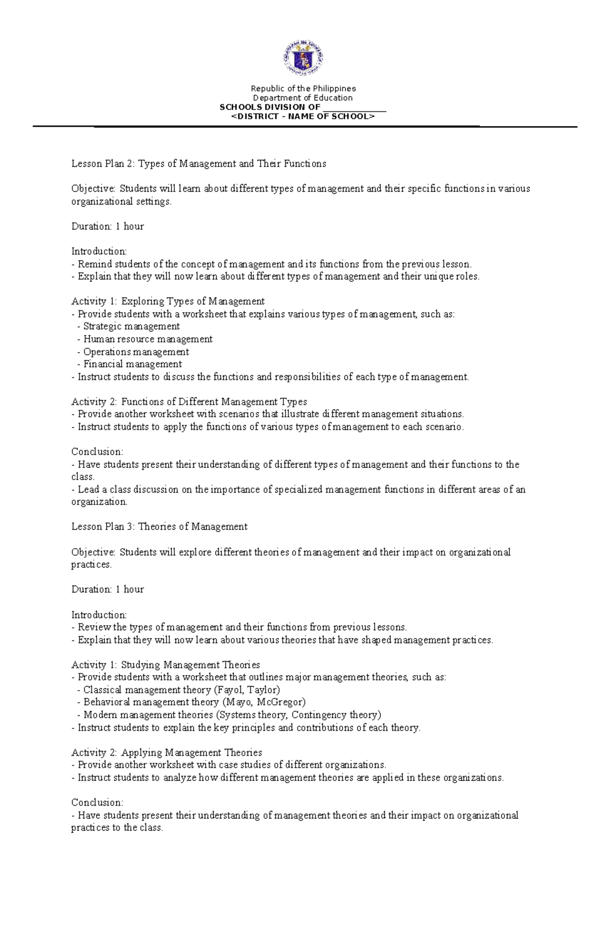 Lesson Plan 2: Types of Management and Their Functions (Org & Mgt Q1 Wk 2) - Studocu