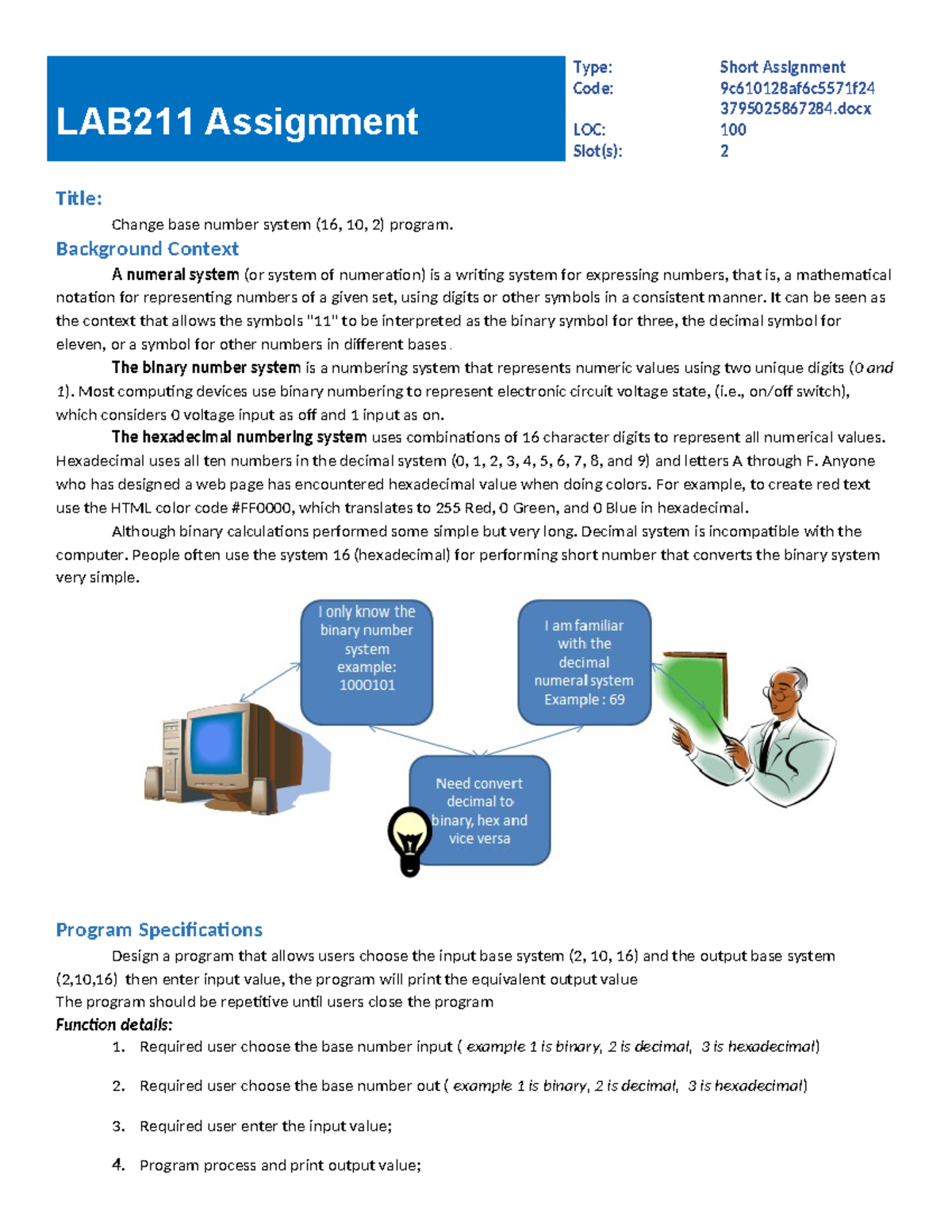 LAB211 Short Assignment: Change Base Number System Program - Studocu