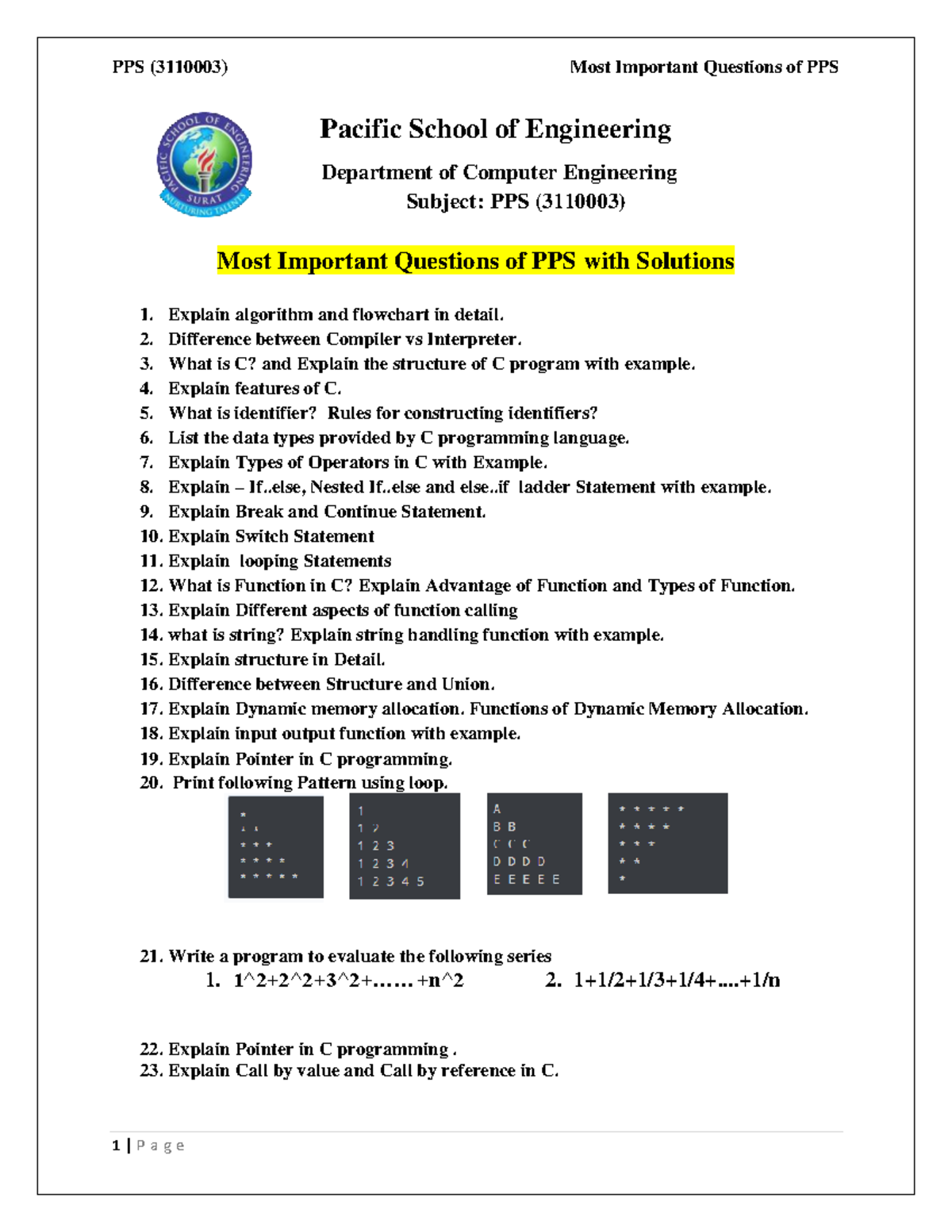 PPS Most Important Questions with Solutions for C Programming - Studocu
