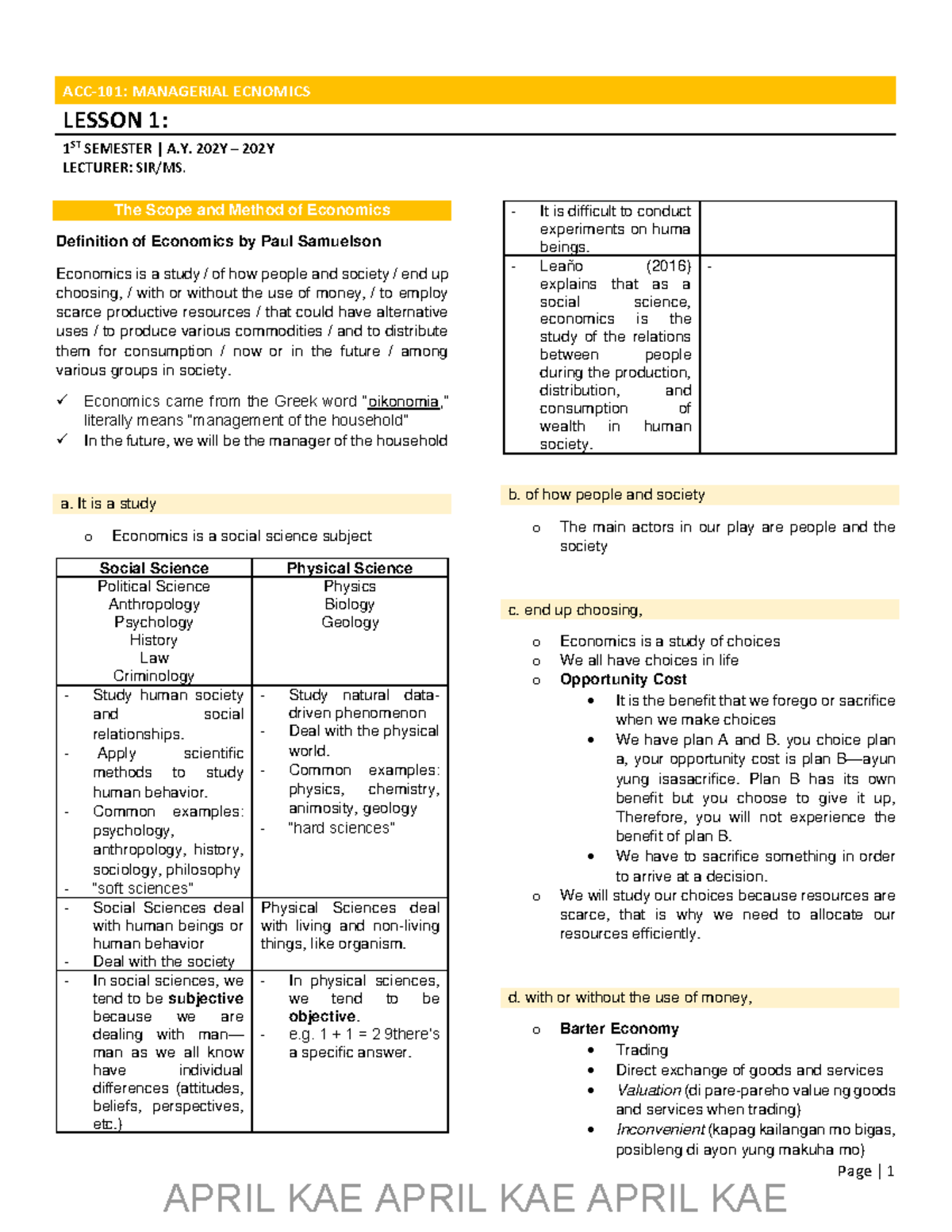 Managerial Economics Lesson 1: Scope and Method of Economics - Studocu