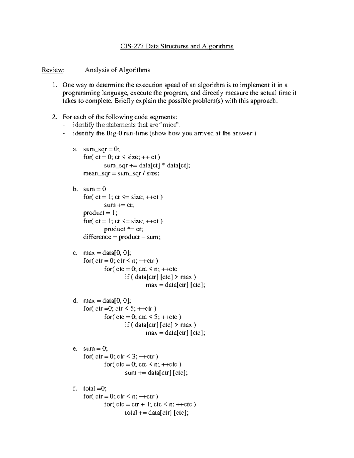 CIS-277 - Data Structures and Algorithms CourseWork HW Material - CIS-277 Data Structures and ...