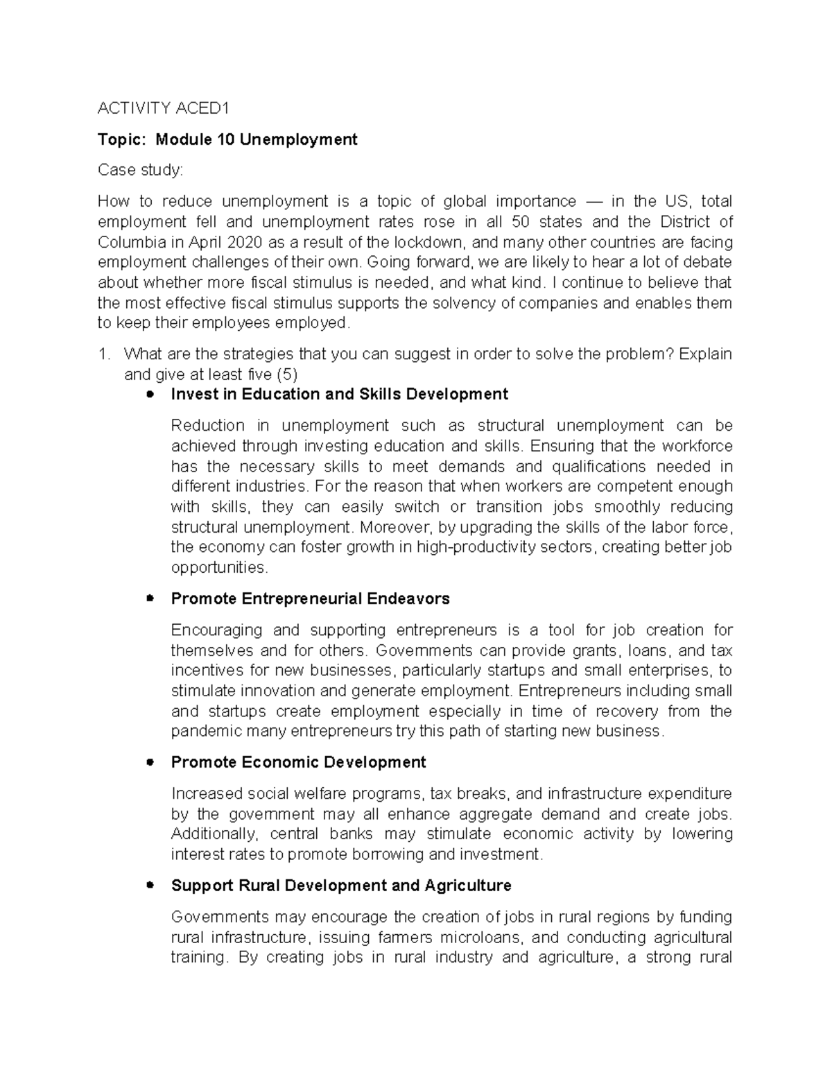 Activity ACED1 2 13 unemployment and monetary system - ACTIVITY ACED ...