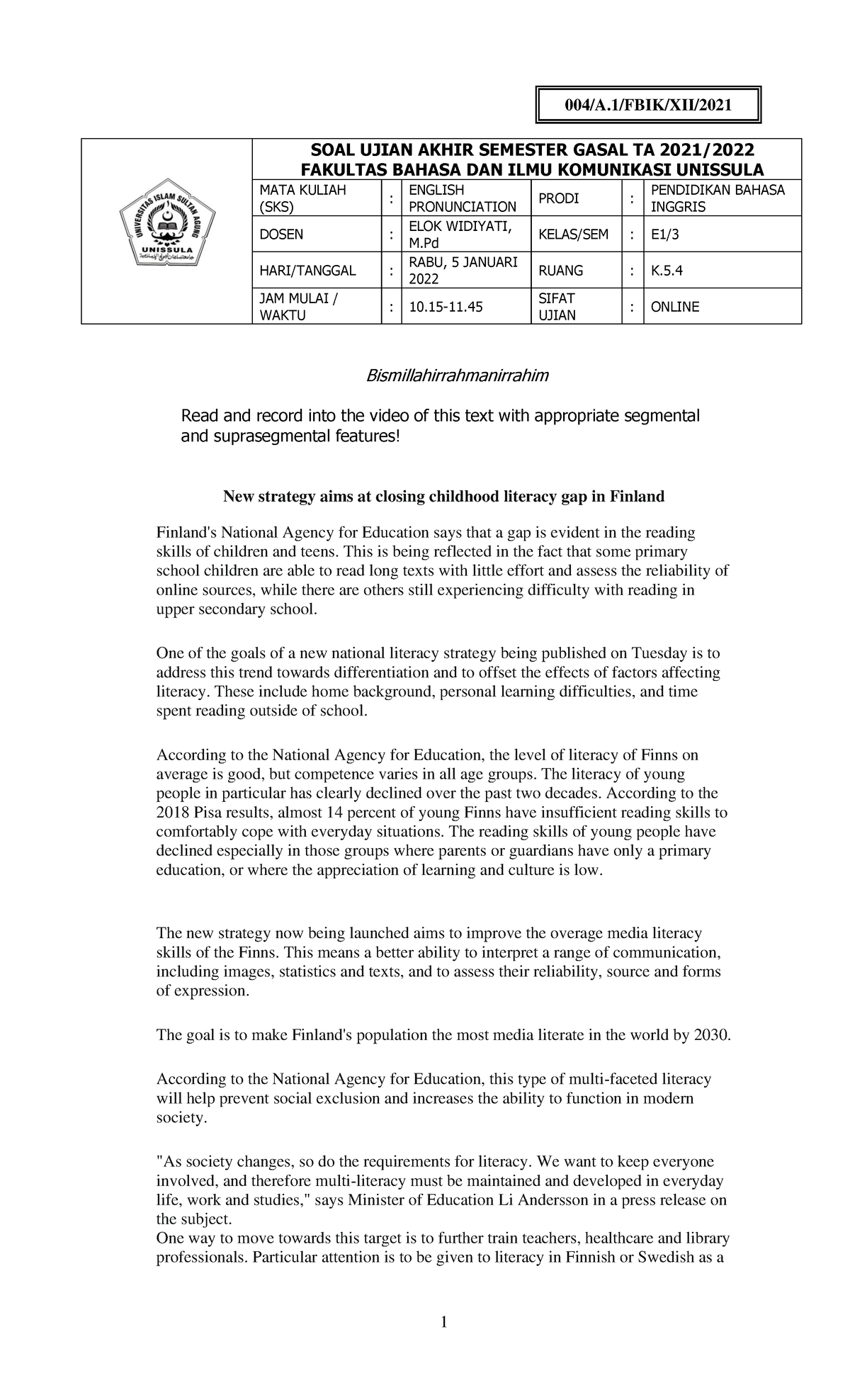 Final Exam English Pronunciation E1 Semester Gasal 2021 2022 Studocu