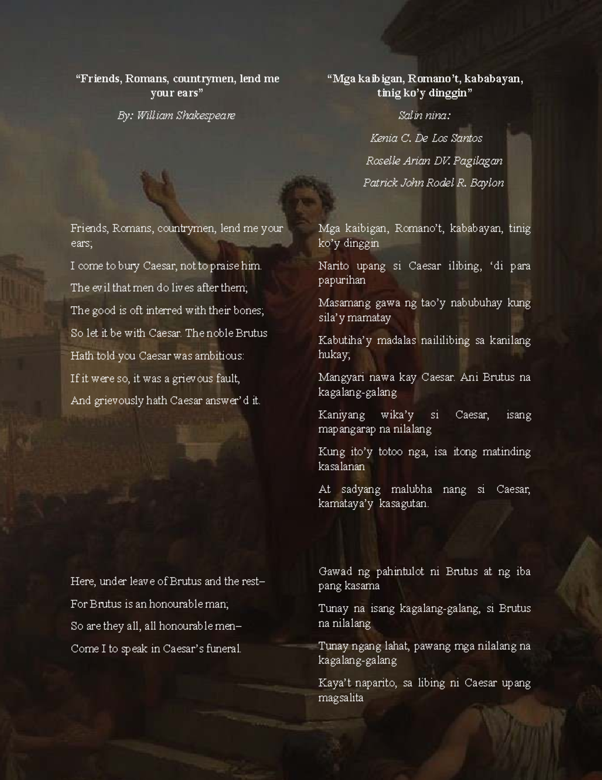 Pagsasalin ng Tula: "Friends, Romans, Countrymen" (Pagsasalin) - Studocu