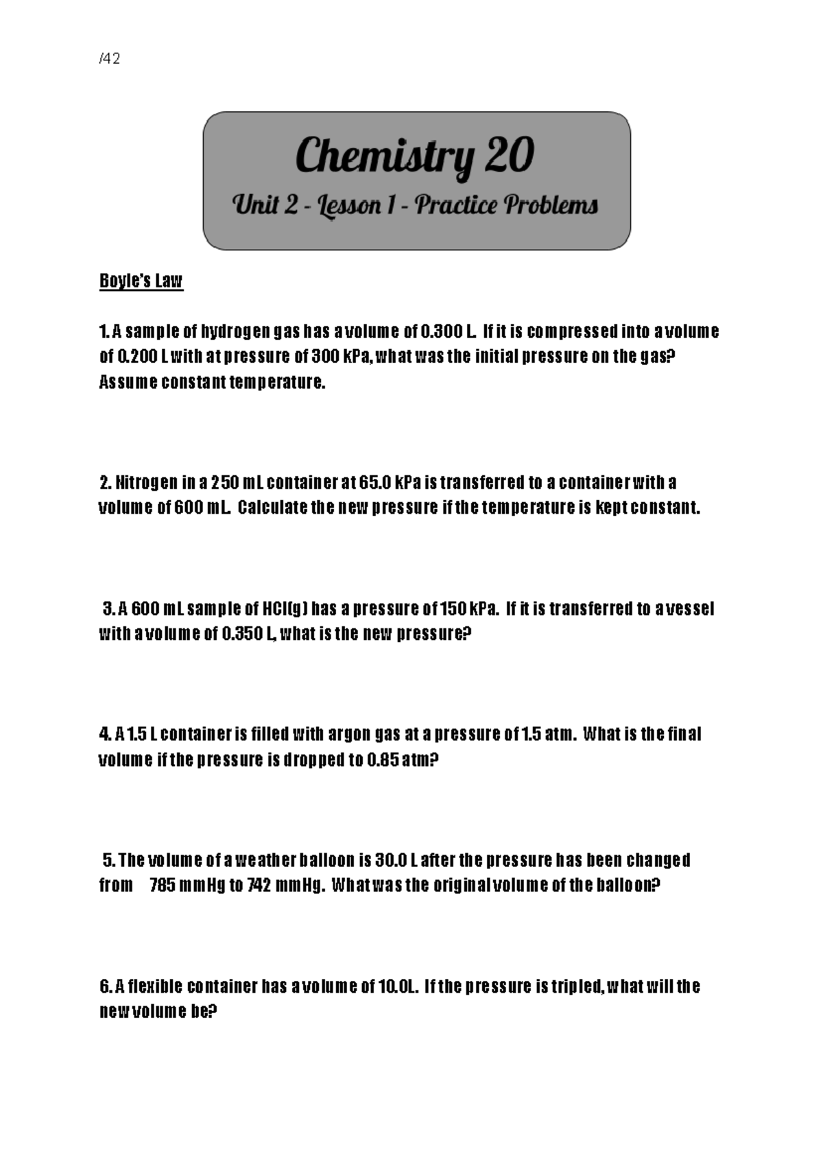 Chemistry 20 - Unit B - Gas Laws Review and Calculations - Studocu