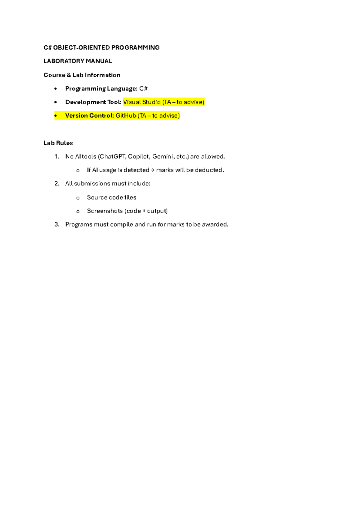OOP Lab Manual: Programming Tasks & Guidelines (CS101) - Studocu