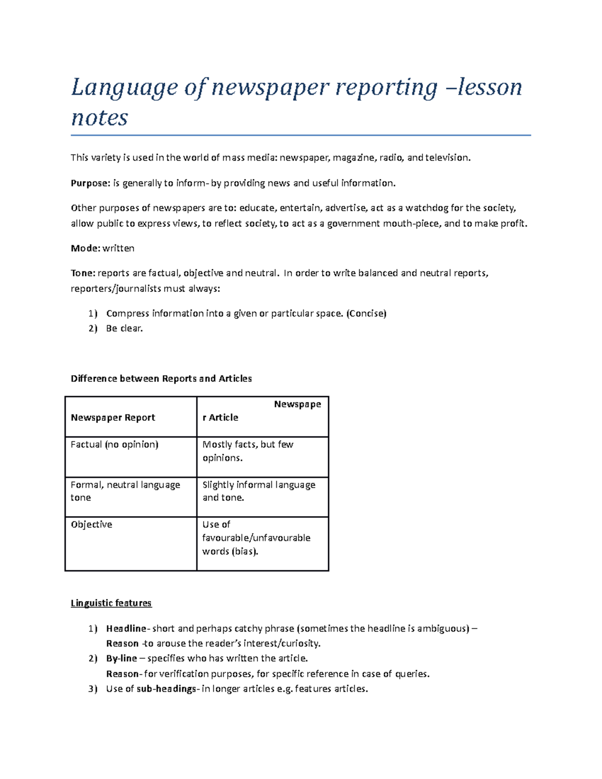 Language of Newspaper Reporting - Lesson Notes on Mass Media Techniques ...