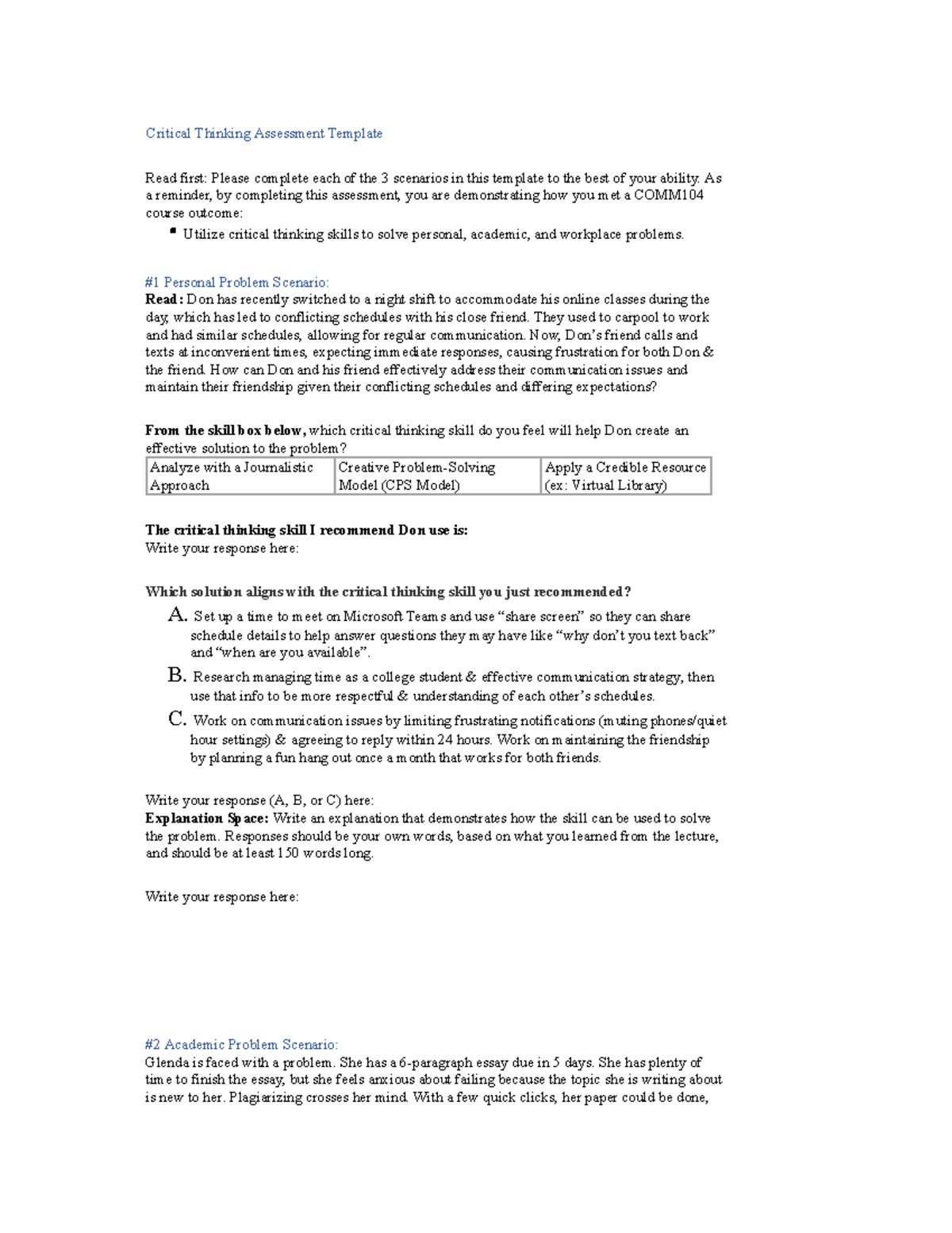 COMM104 W6 Critical Thinking Assessment Template - Studocu