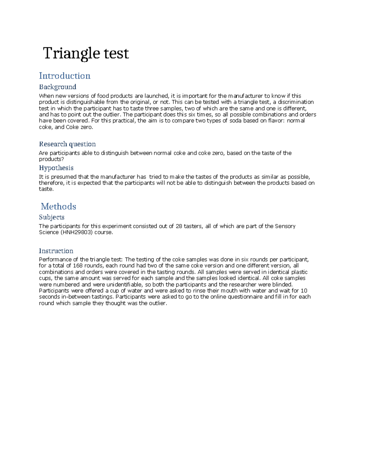 HNH29803 Triangle Test Practical Report: Distinguishing Coke Samples ...