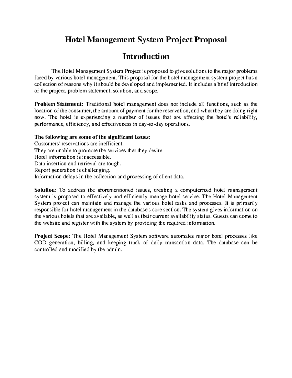 Hotel Management System Project Proposal - Hotel Management System ...