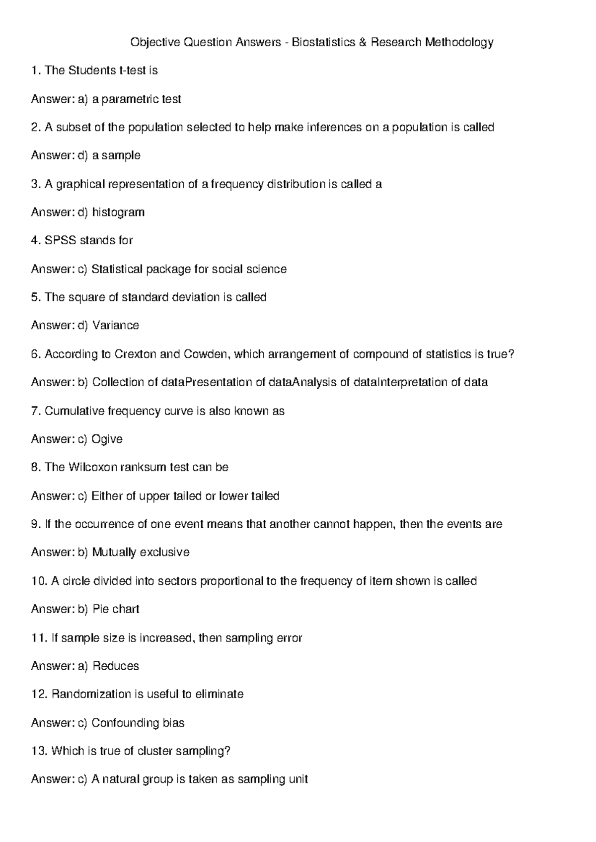 Objective Question Answers for Biostatistics Research Methodology 1 ...
