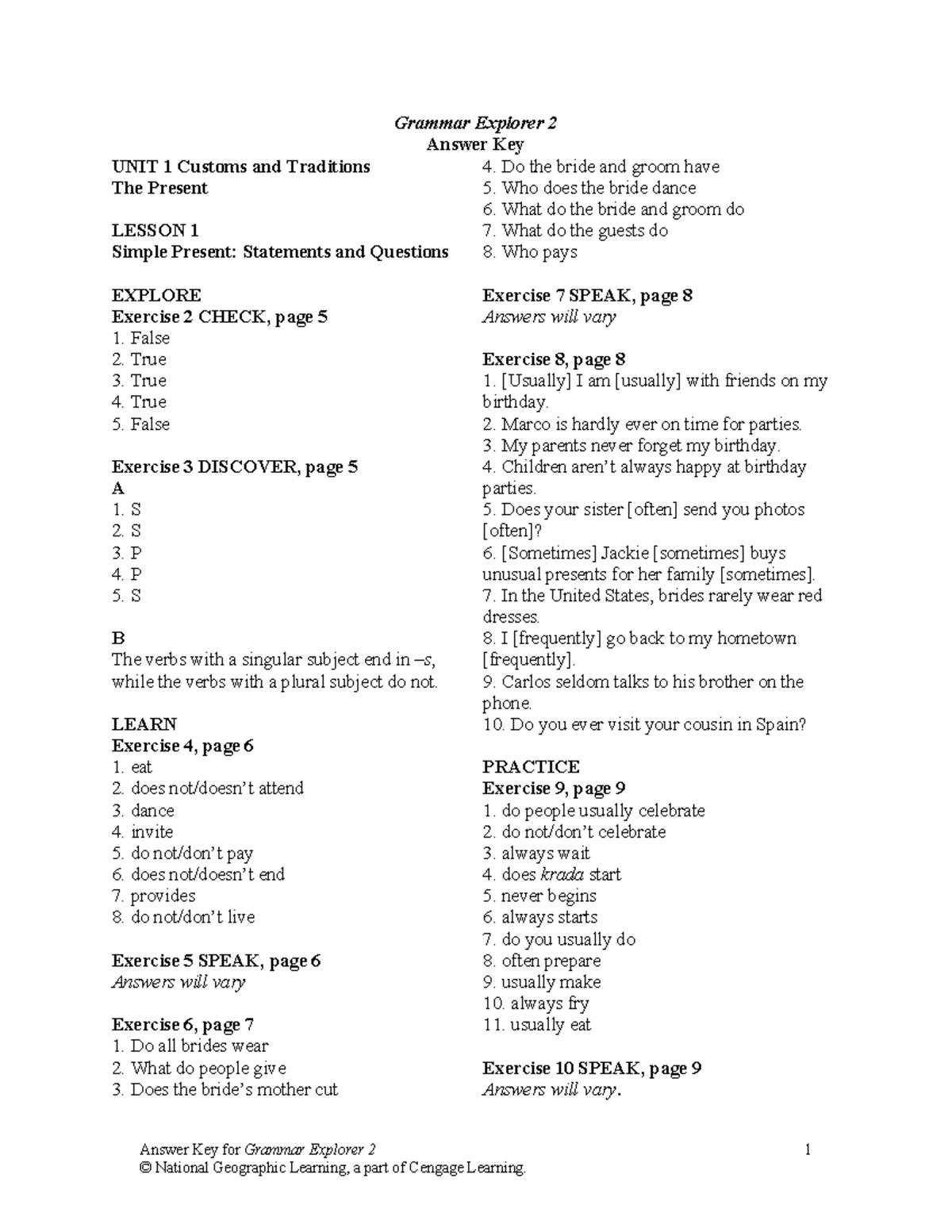 Answer Key for Grammar Explorer 2 (AK) - Unit 1 to Unit 3 - Studocu