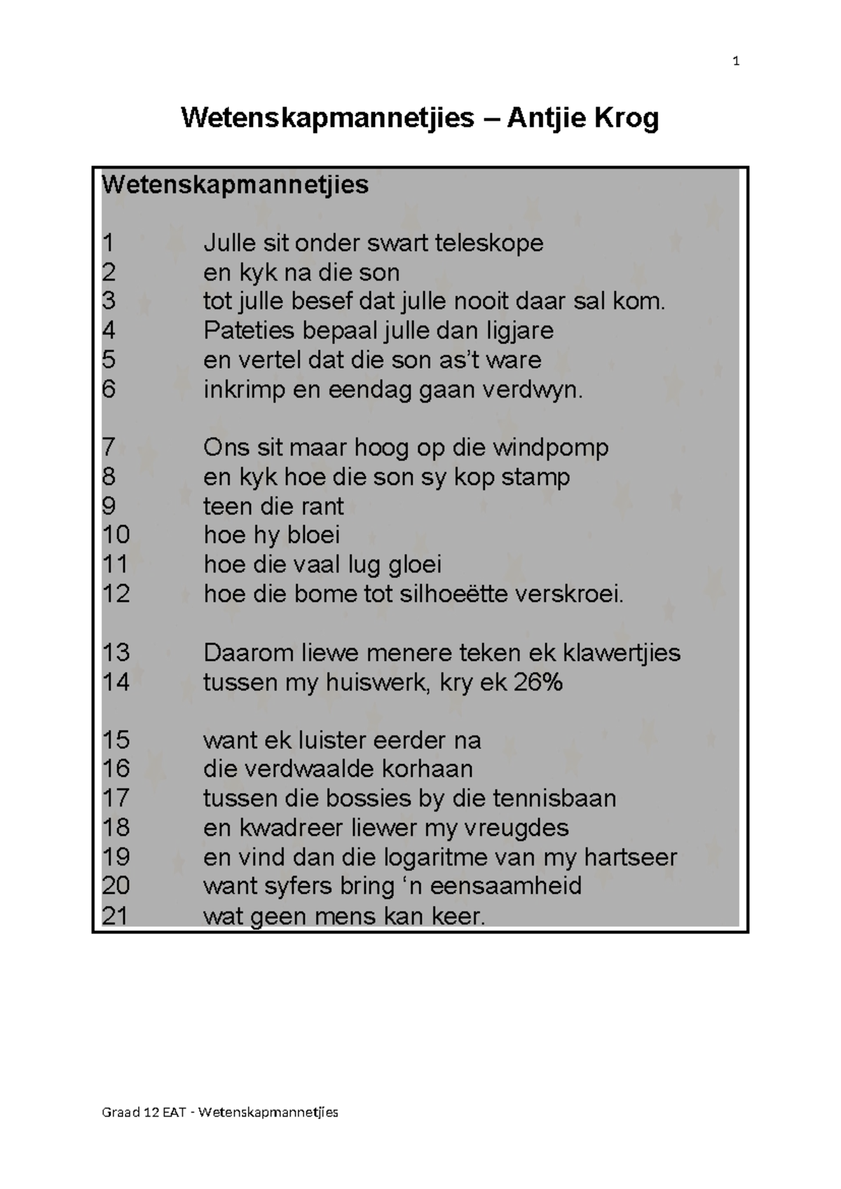 AR - Essay Notes on "Wetenskapmannetjies" by Antjie Krog - Studocu