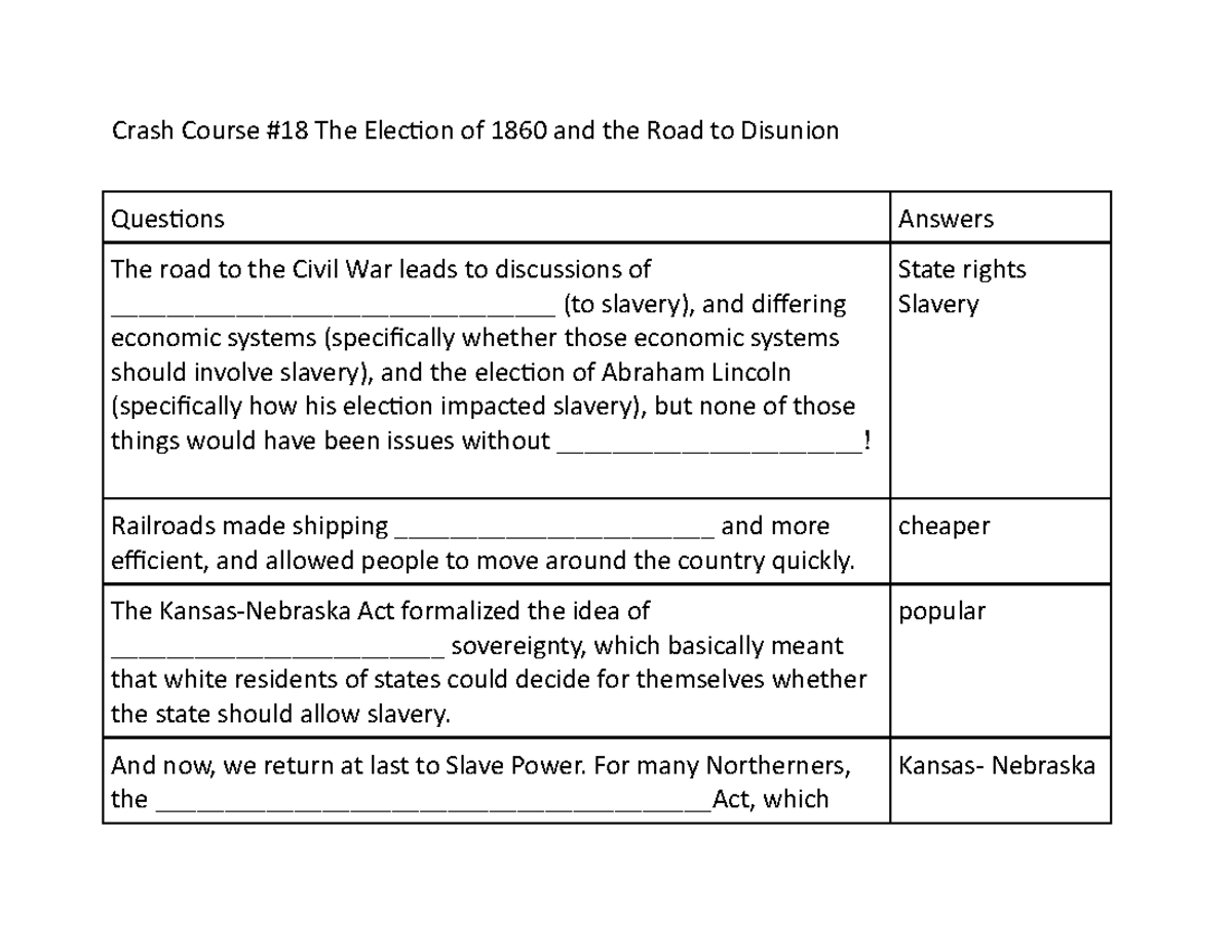 Crash Course #18: Election of 1860 & Factors Leading to Disunion - Studocu