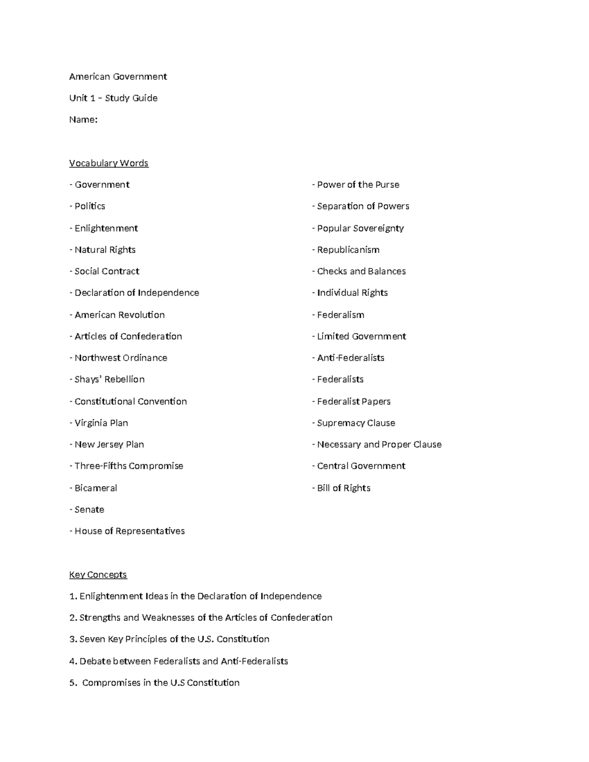 American Government Unit 1 Study Guide: Key Concepts & Vocab - Studocu