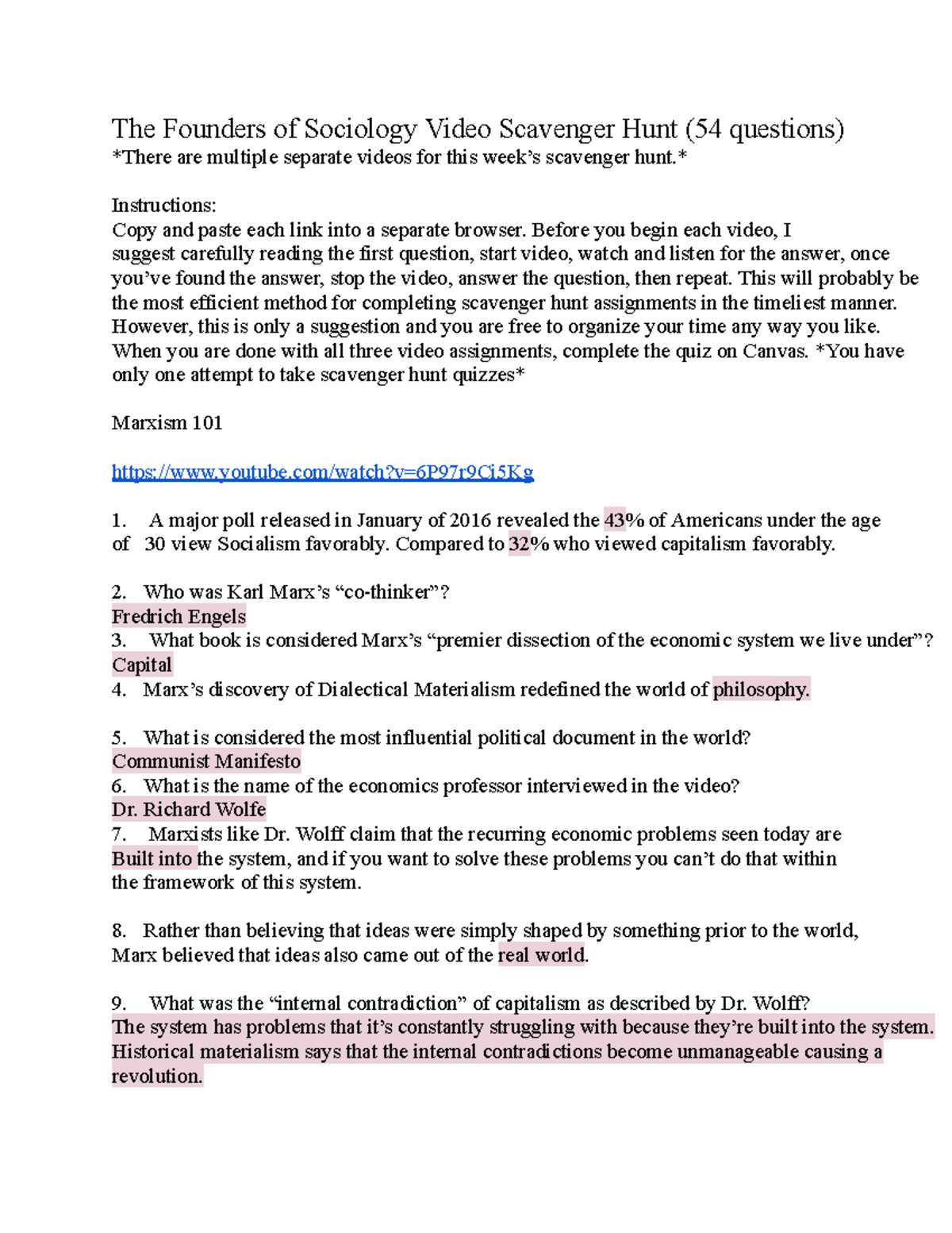 Sociology Founders Video Scavenger Hunt - 54 Question Guide - Studocu