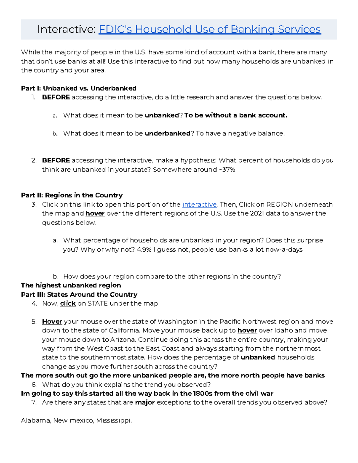FDIC 2.4 Interactive Analysis of Banking Status in Your Area - Studocu